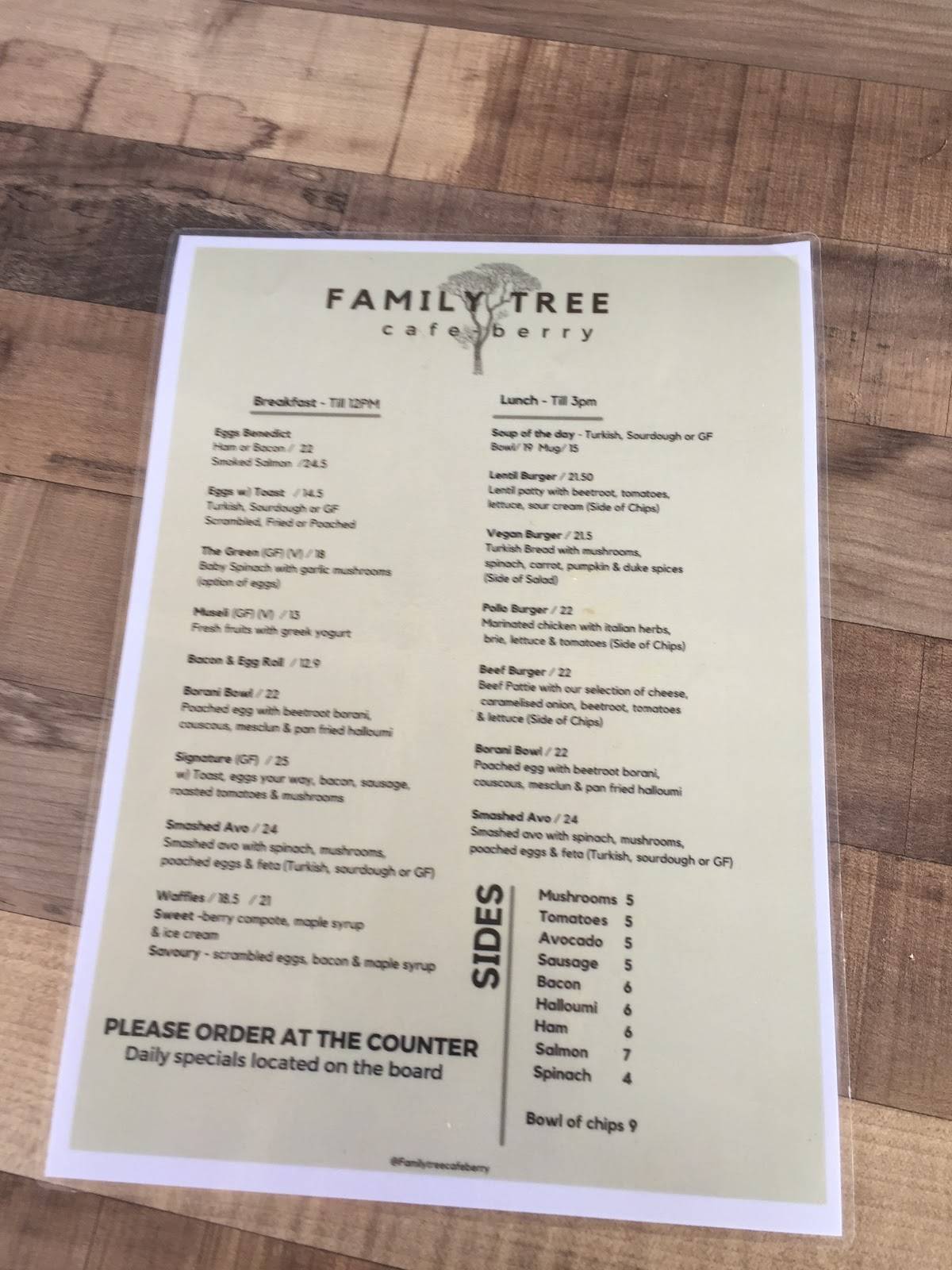 Menu at Family Tree Cafe & Restaurant, Berry