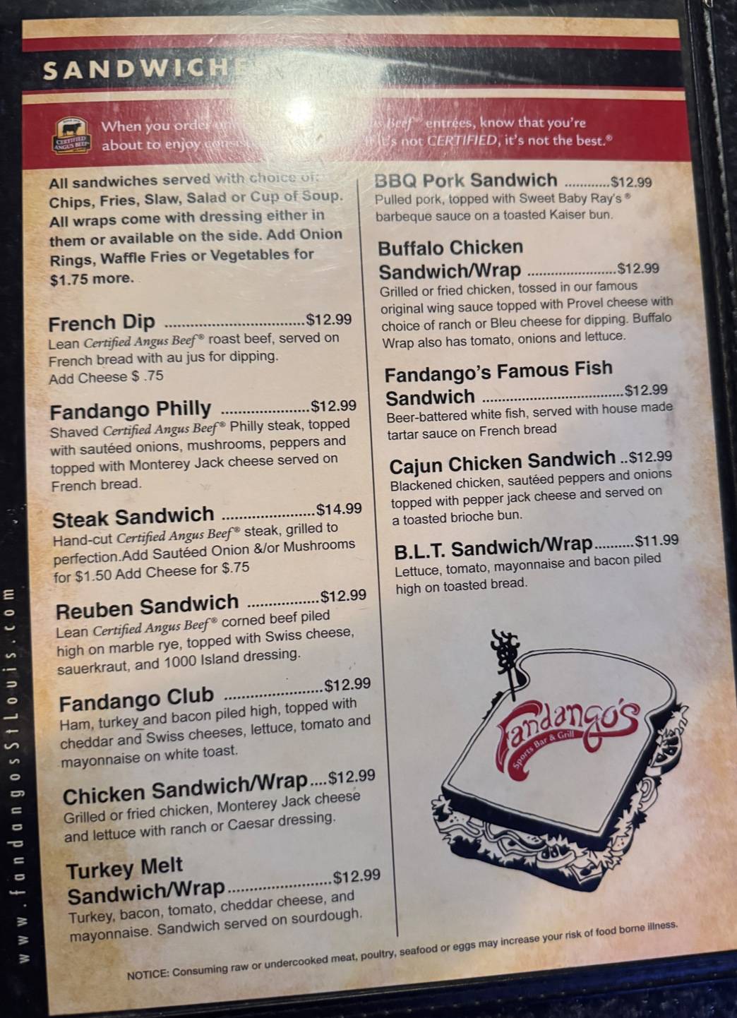 Menu at Fandango's Sports Bar & Grill, Kirkwood