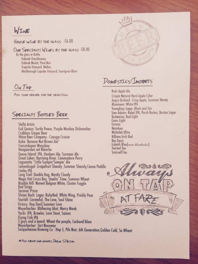 Menu at Fare restaurant, Honesdale