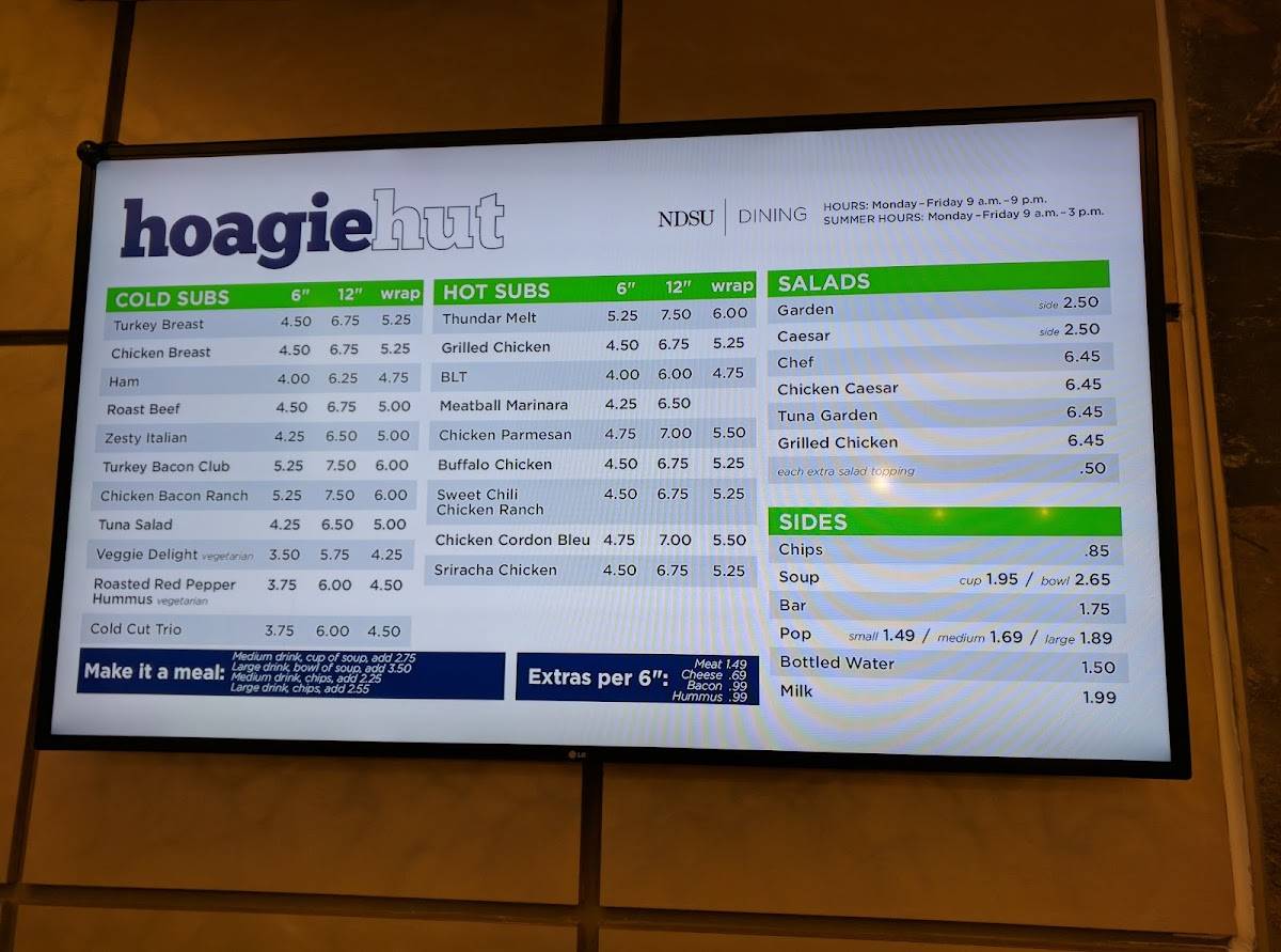 Menu at Hoagie Hut, Fargo, Administration Ave