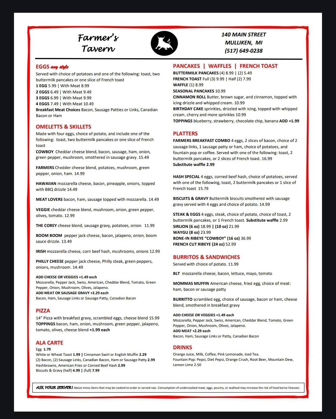 Menu at Farmer's Steakhouse, Mulliken