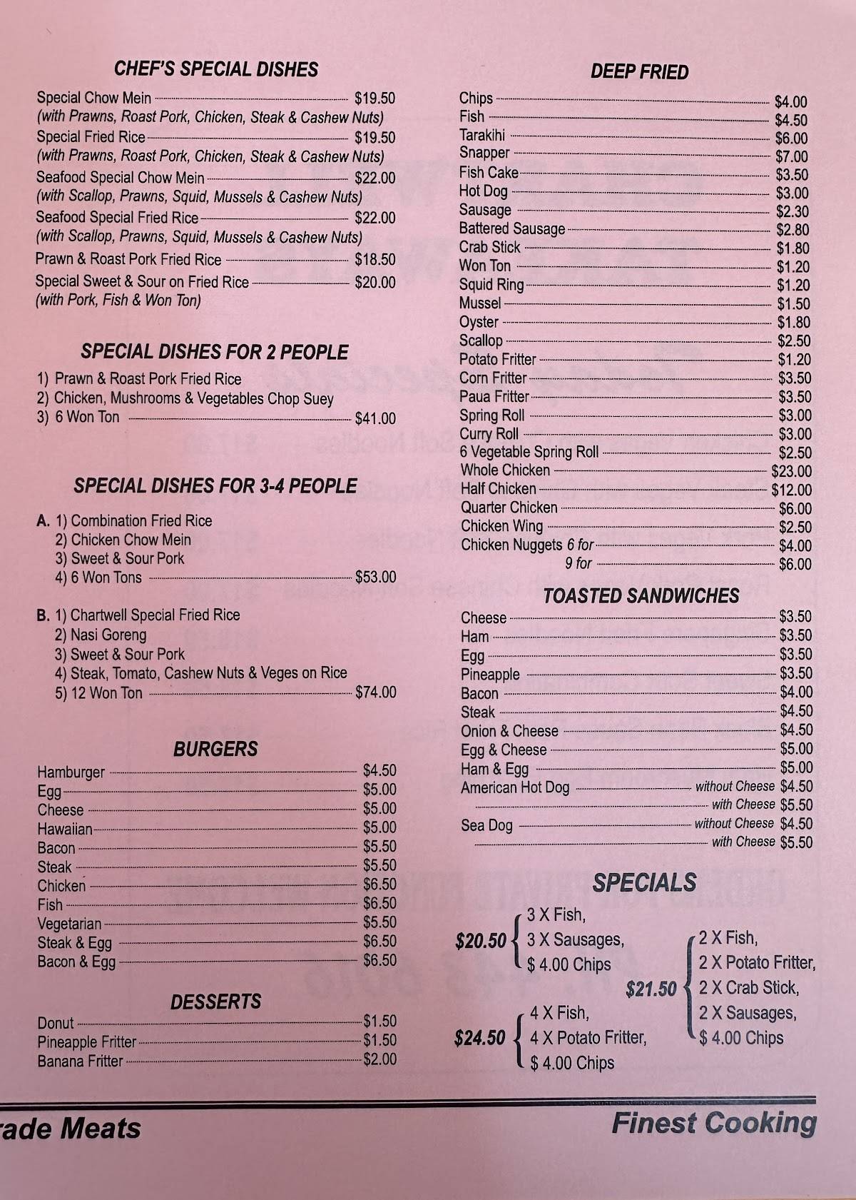 Menu at Chartwell Chinese & European Takeaways fast food, Auckland
