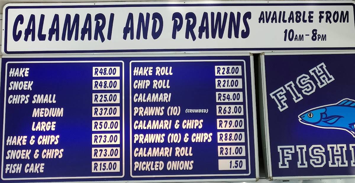 Menu at Fish Hoek Fisheries fast food, Cape Town
