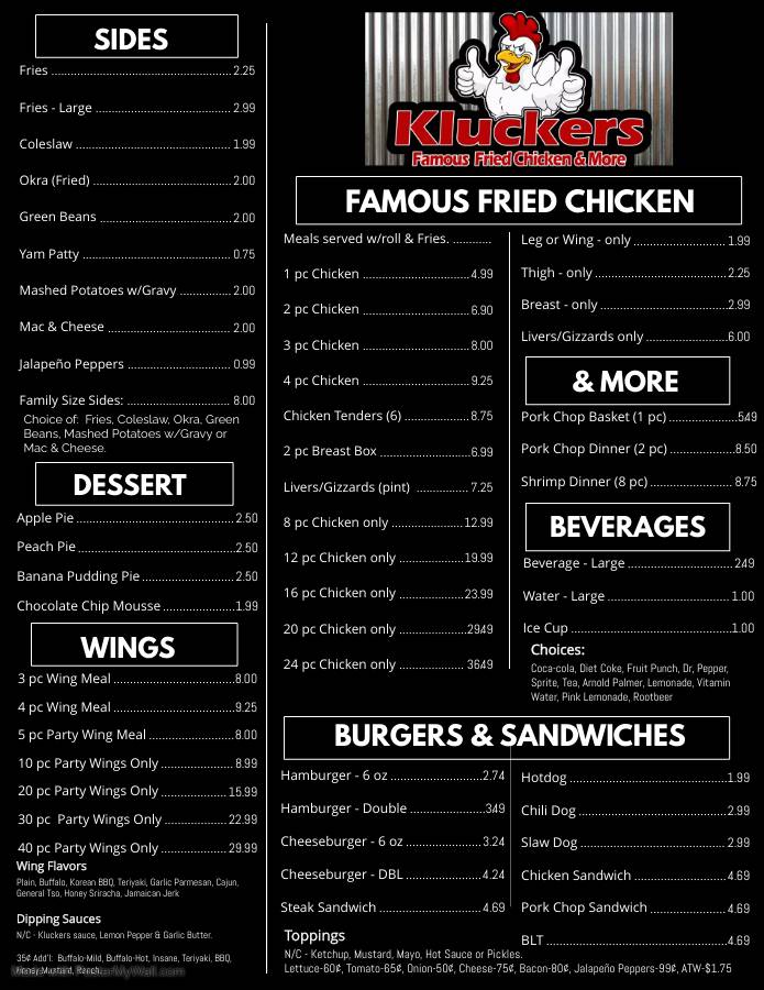 Menu at Kluckers Famous Fried Chicken & More fast food, Monticello