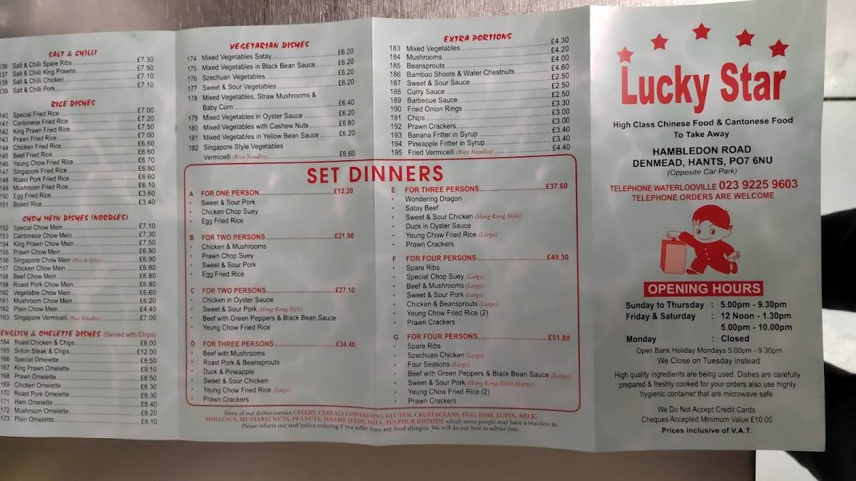 Menu at Lucky Star fast food, Waterlooville, Hambledon Rd