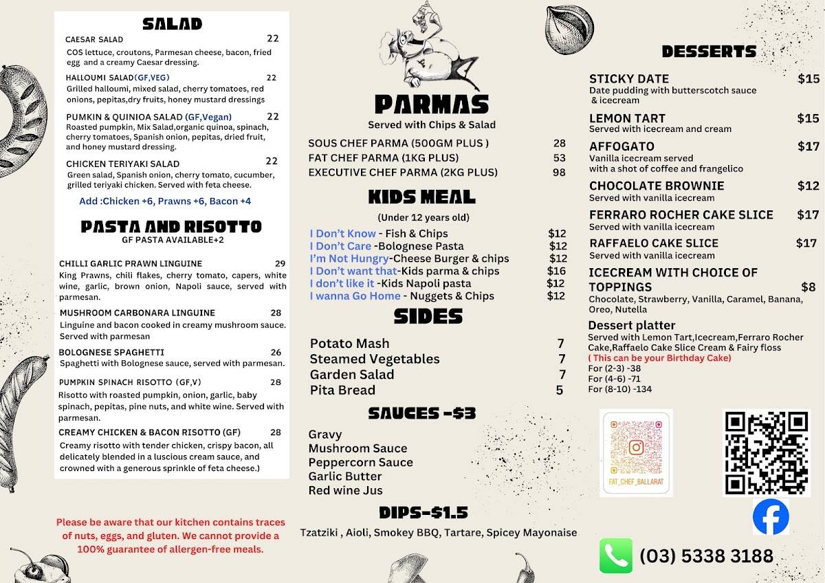 Menu at Fat Chef Ballarat restaurant, Alfredton