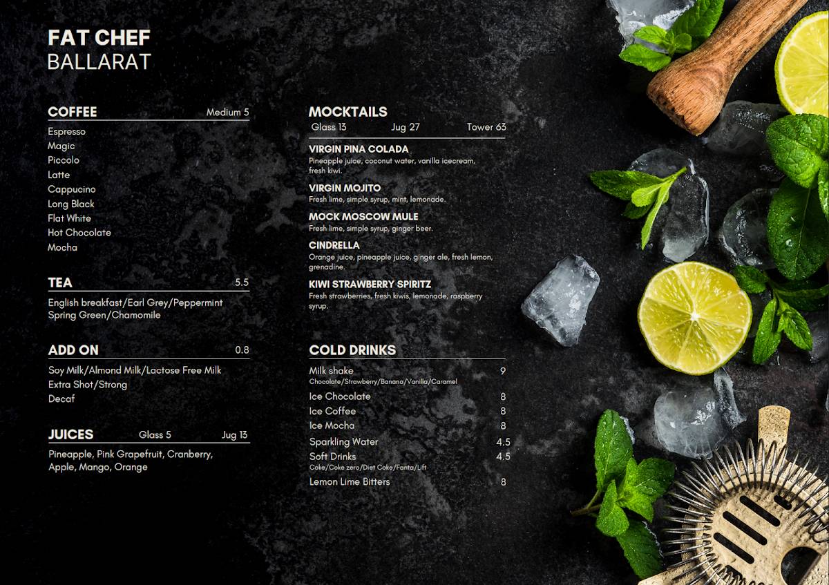 Menu at Fat Chef Ballarat restaurant, Alfredton