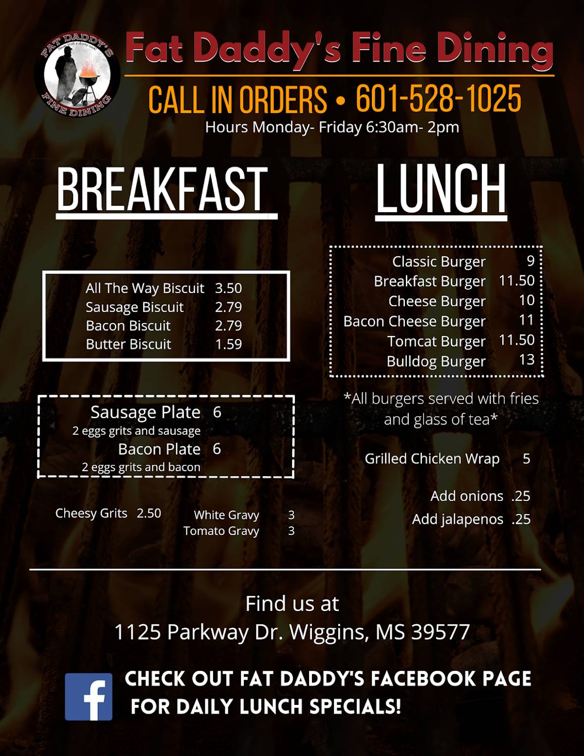 Menu at Fat Daddy’s Fine Dining restaurant, McHenry