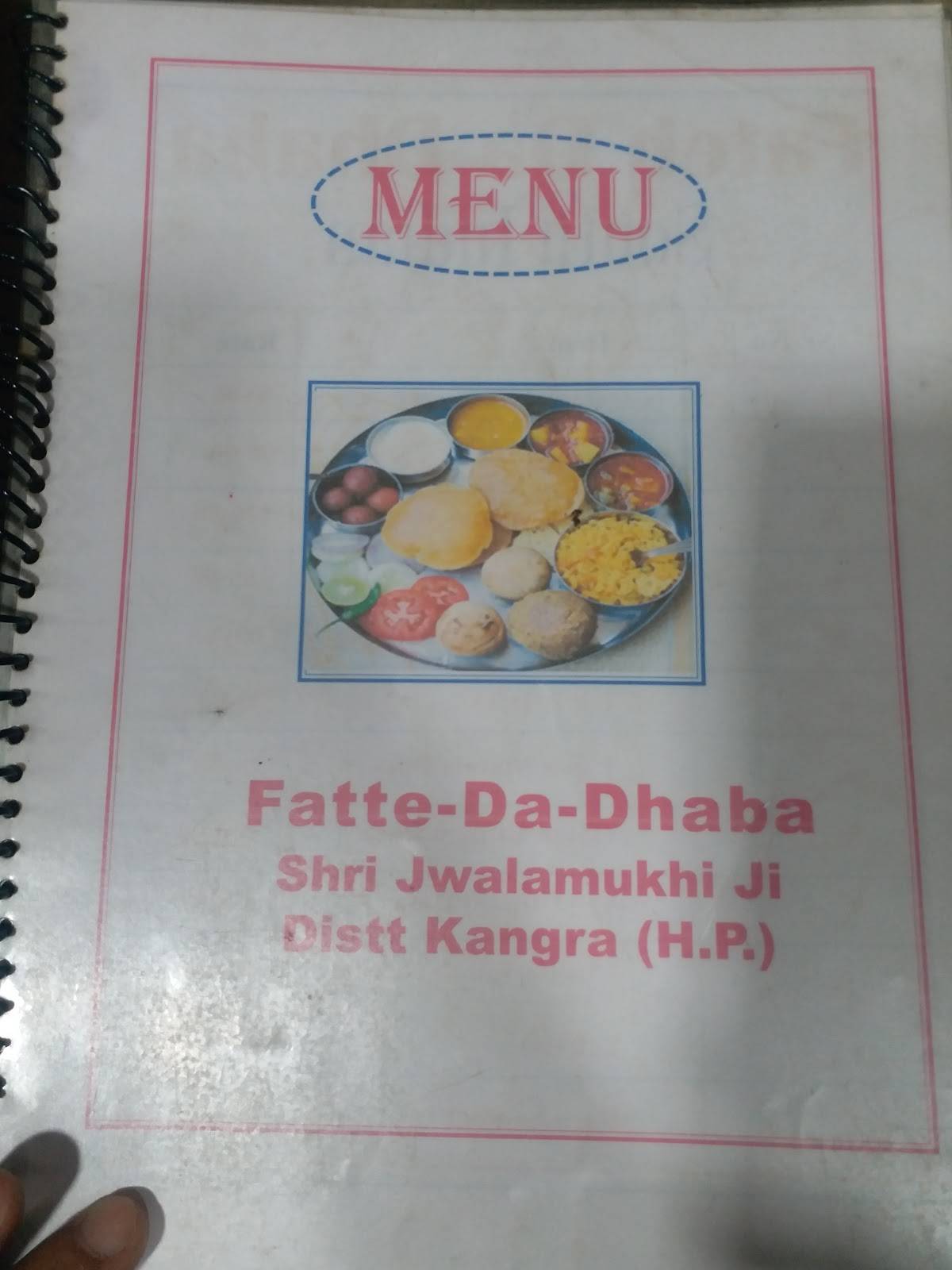 Menu at Fateh Da Dhaba, Jawalamukhi