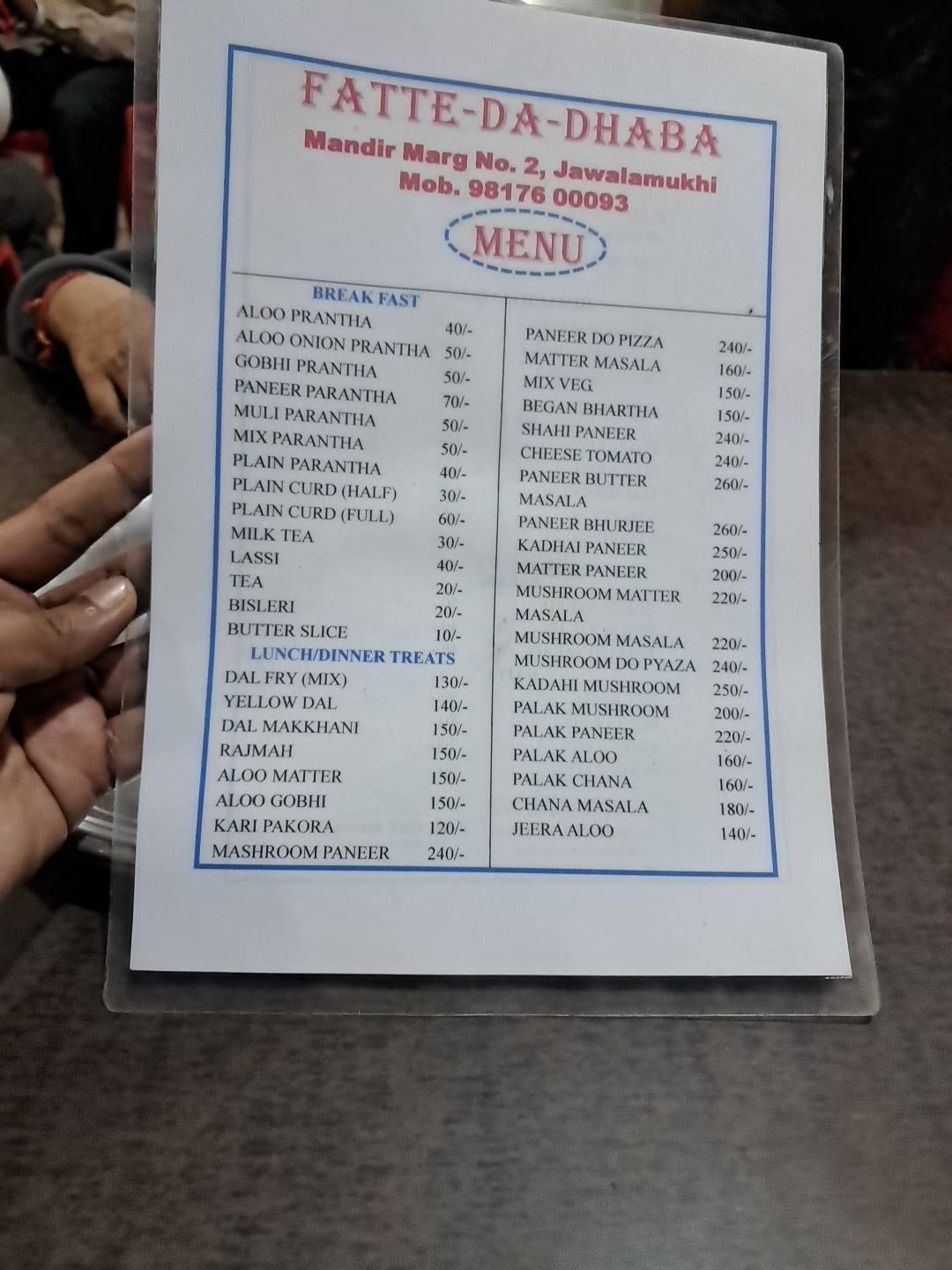 Menu at Fateh Da Dhaba, Jawalamukhi