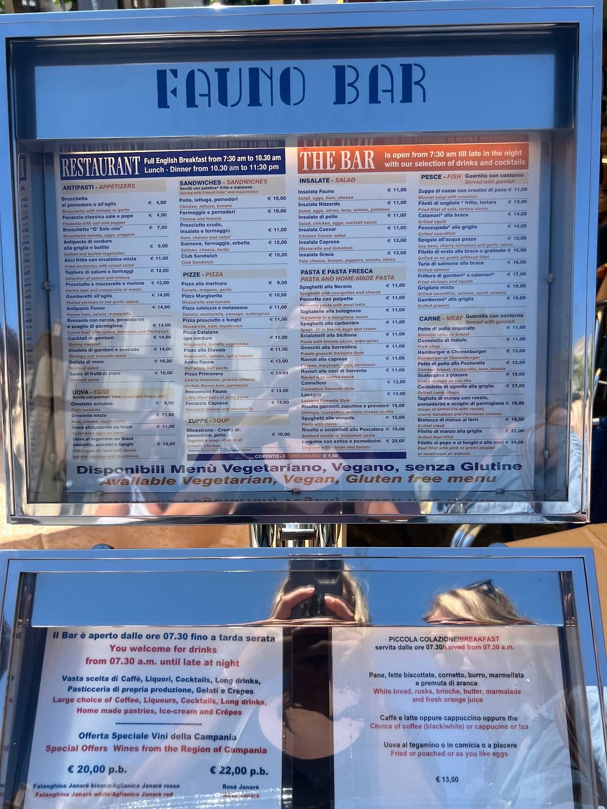 Menu at Fauno Bar, Sorrento