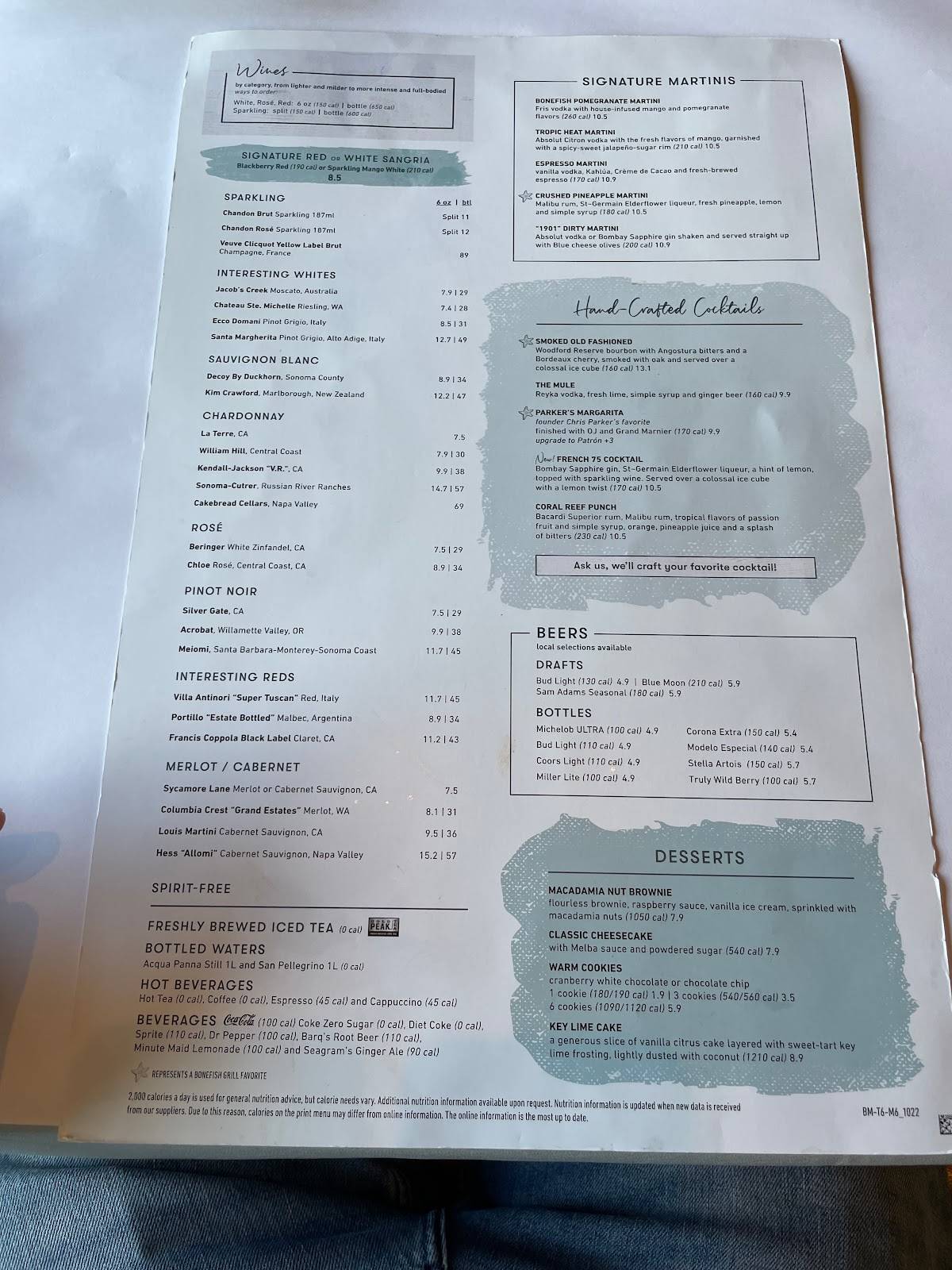 Menu at Bonefish Grill restaurant, Fayetteville