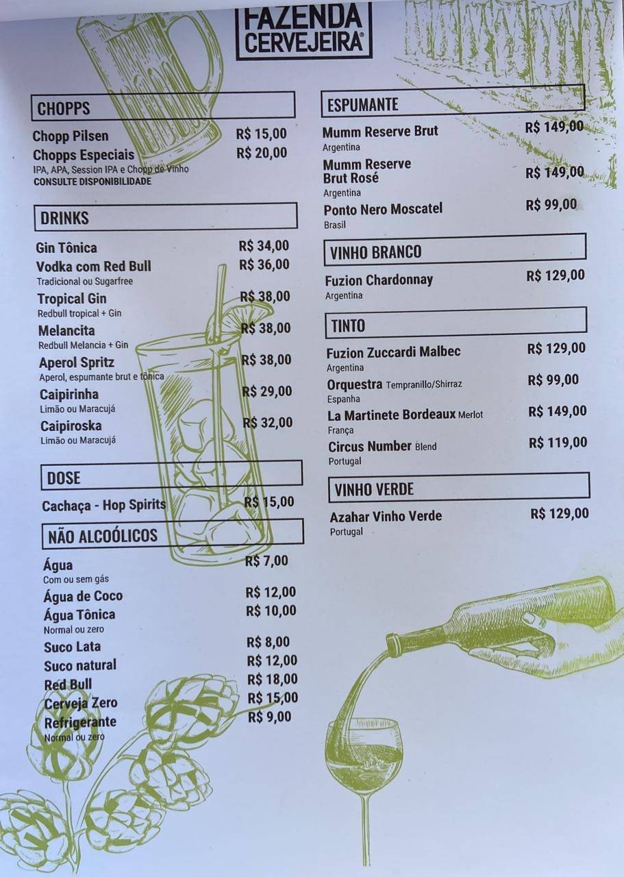 Menu at Fazenda Cervejeira restaurant, Maceió