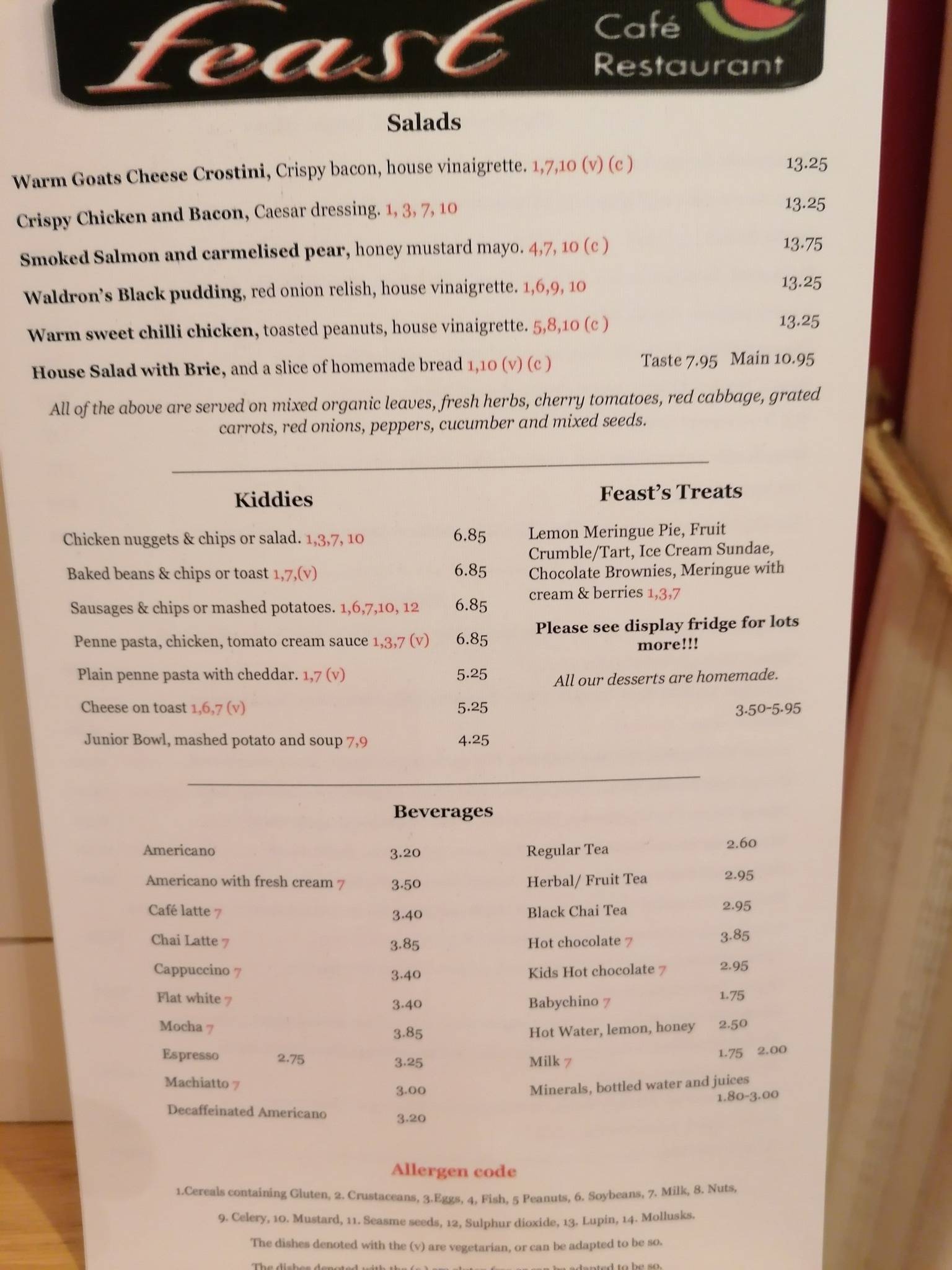 Menu at Feast Cafe and Restaurant, Roscommon