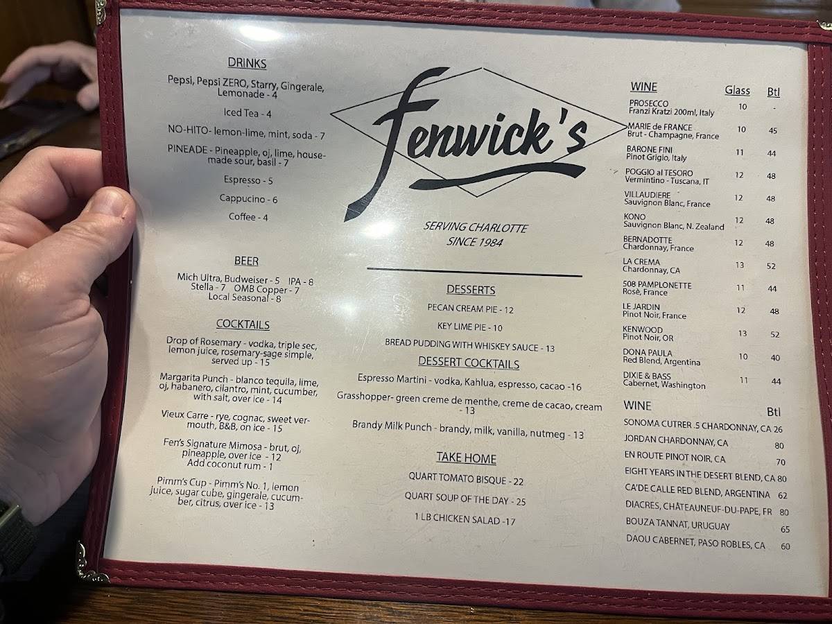 Menu at Fenwick's restaurant, Charlotte