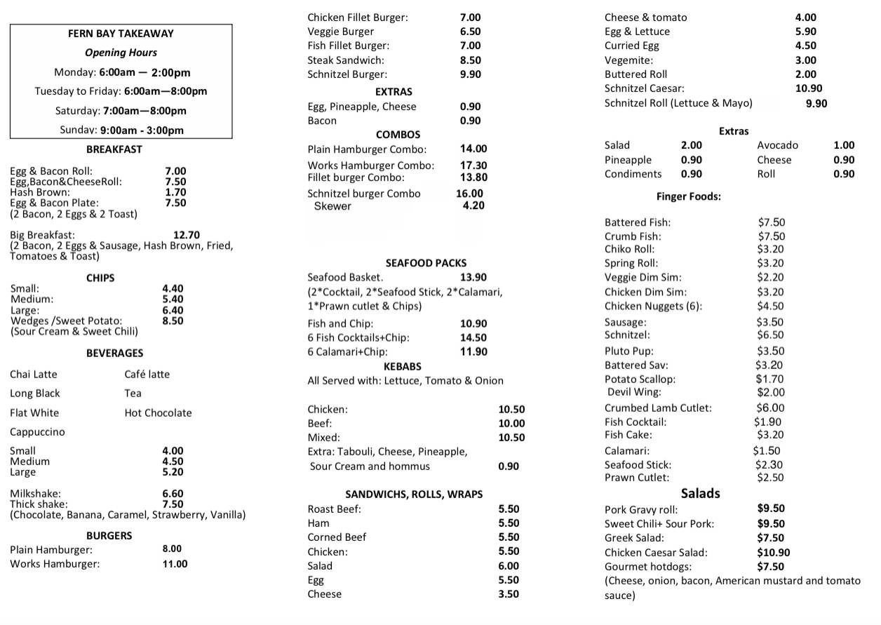 Menu at Fern Bay Store pizzeria, Fern Bay