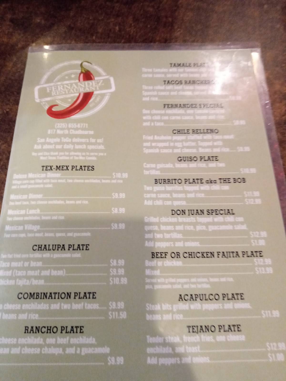 Menu at Fernandez Restaurant, San Angelo