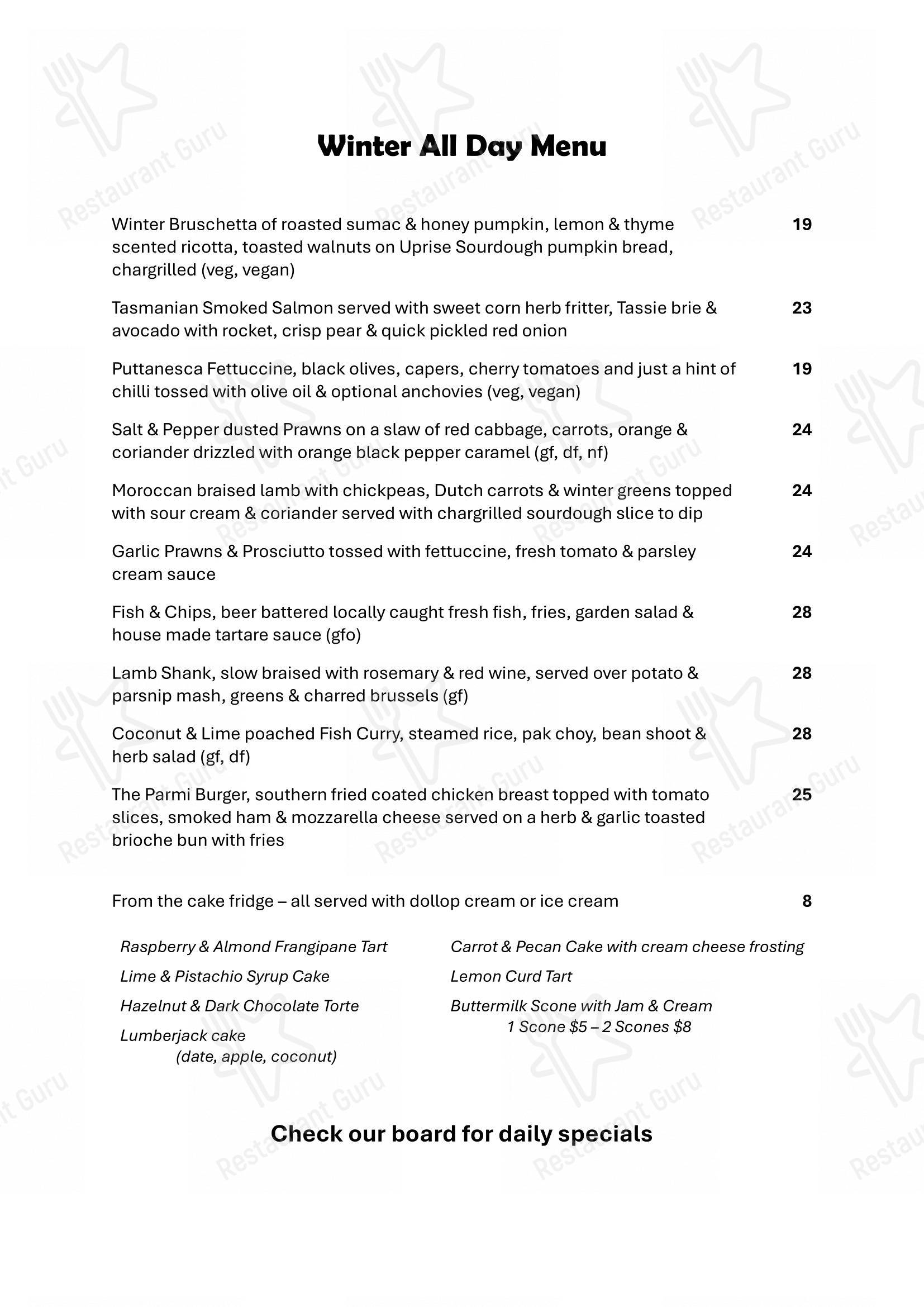 Menu at Fifteen Tables restaurant, East Devonport