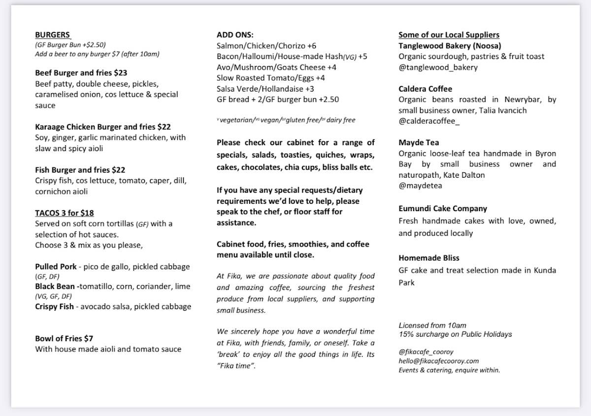 Menu at Fika Cafe Cooroy, Cooroy