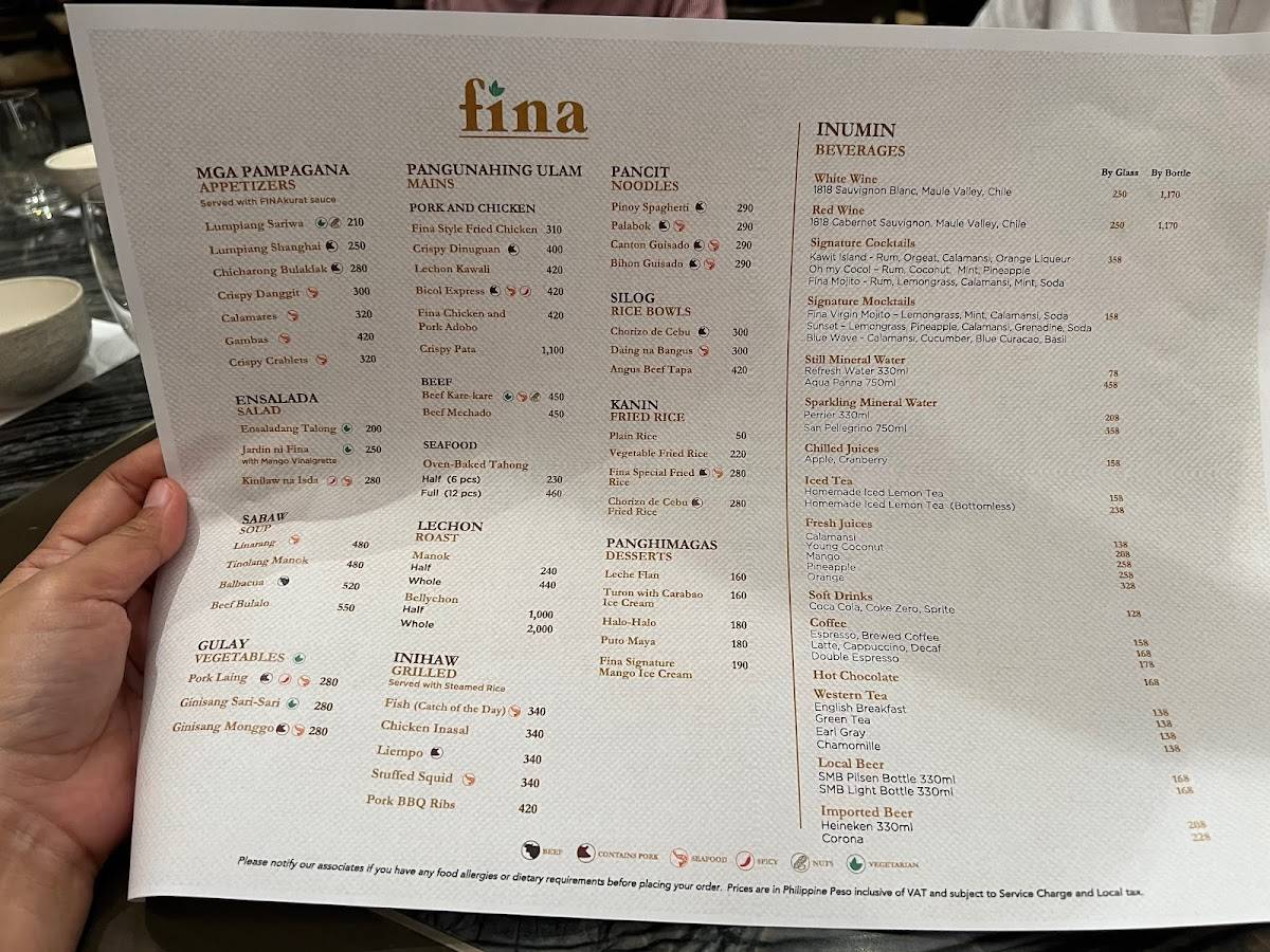 Menu at Fina restaurant, Cebu City