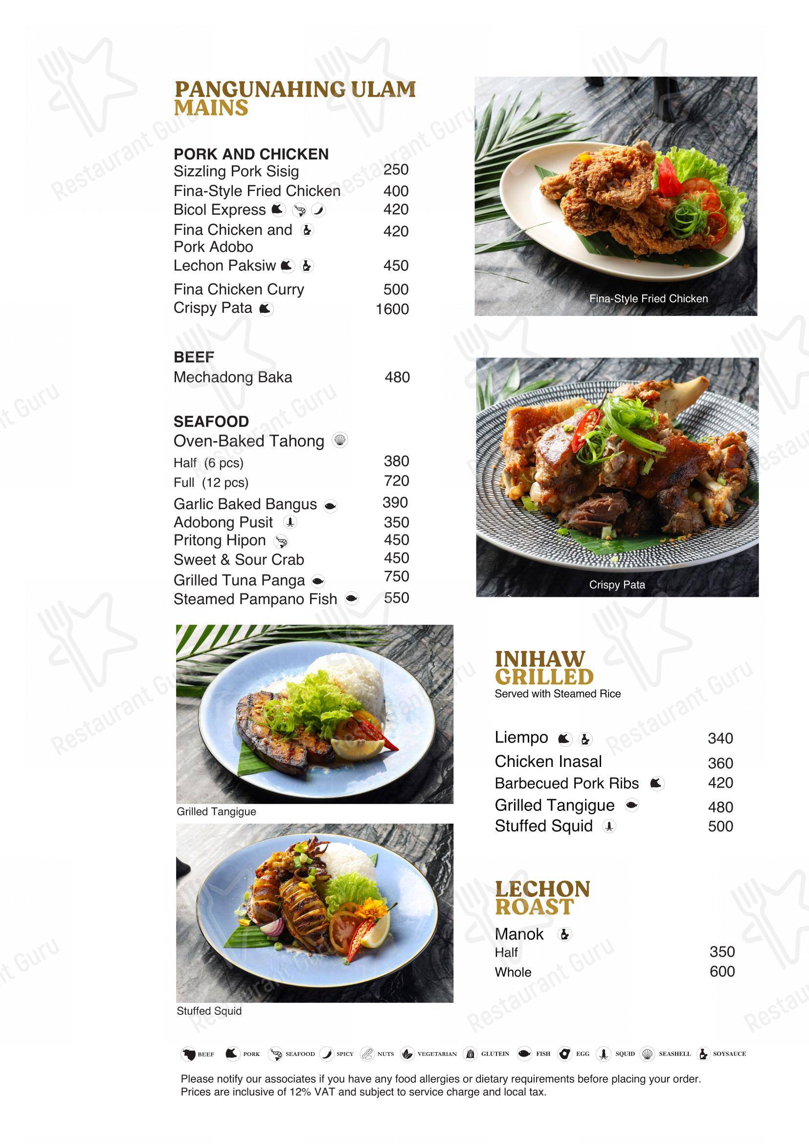 Menu at Fina restaurant, Cebu City