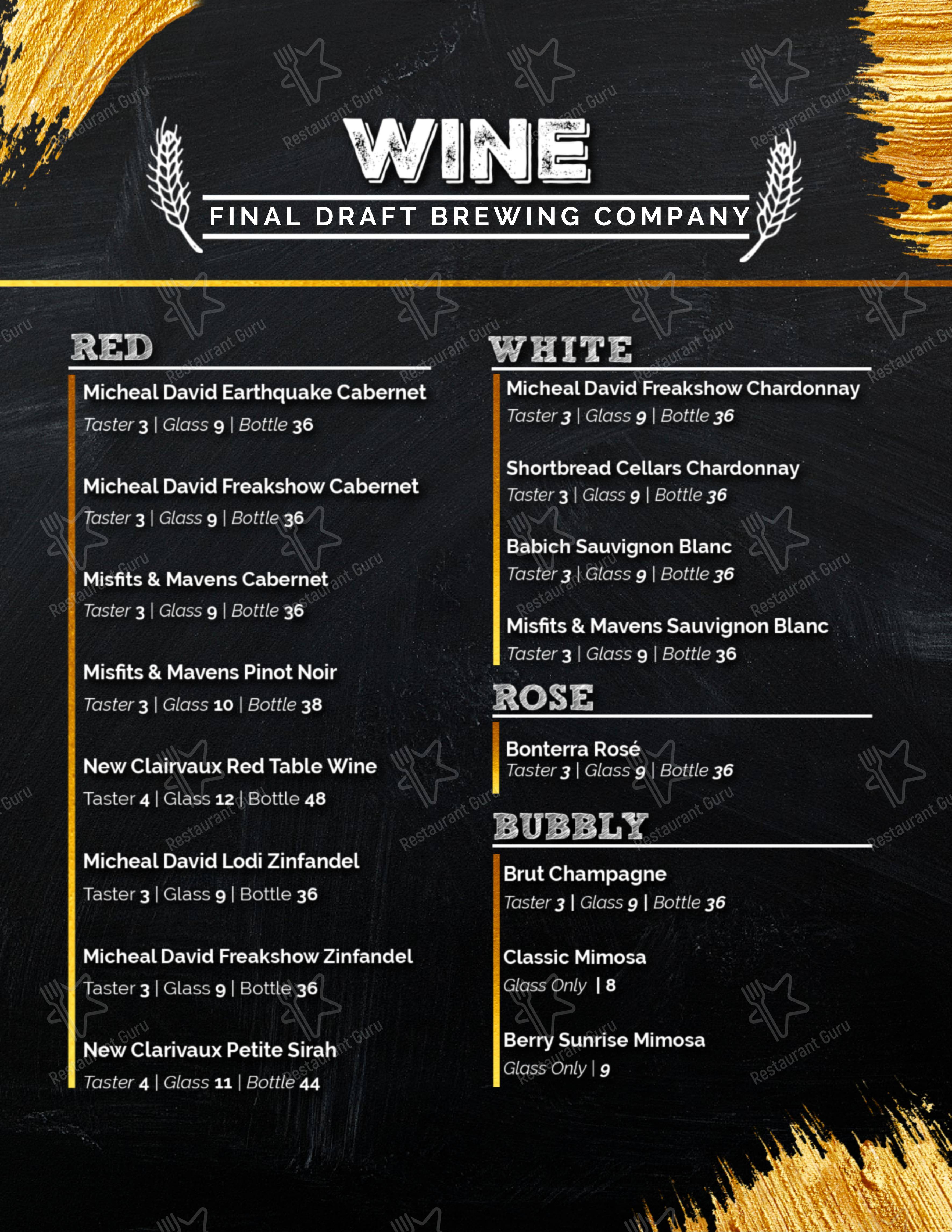 Menu at Final Draft Brewing Company pub & bar, Redding