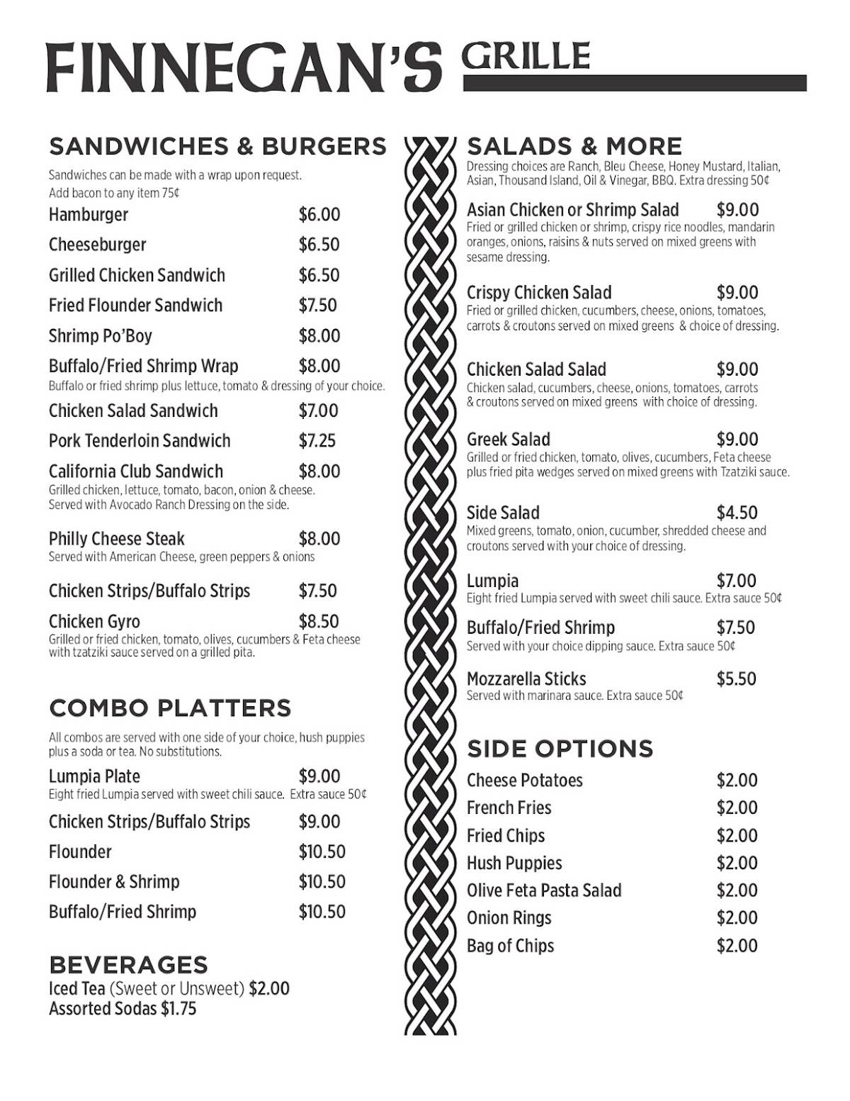 Carta del restaurante Finnegan's Grille, Kings Bay Base