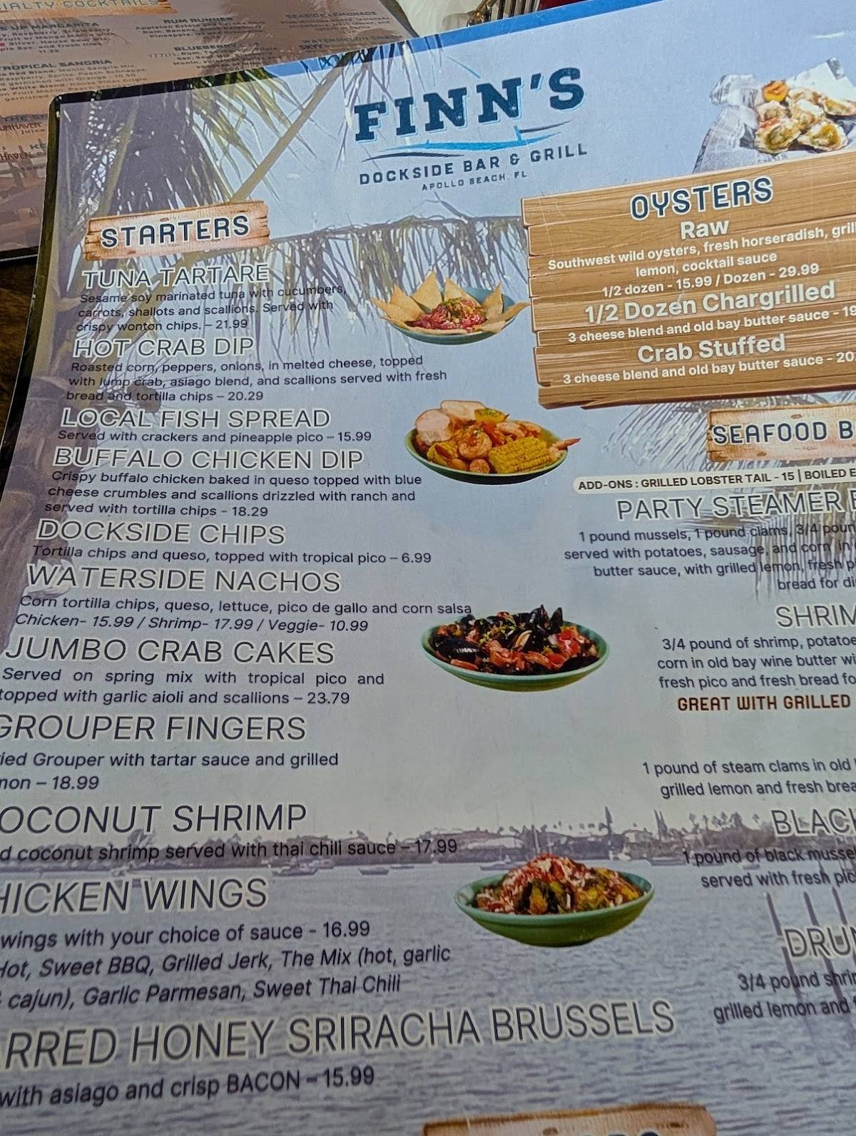 Menu at Finn's Dockside Bar & Grill, Apollo Beach