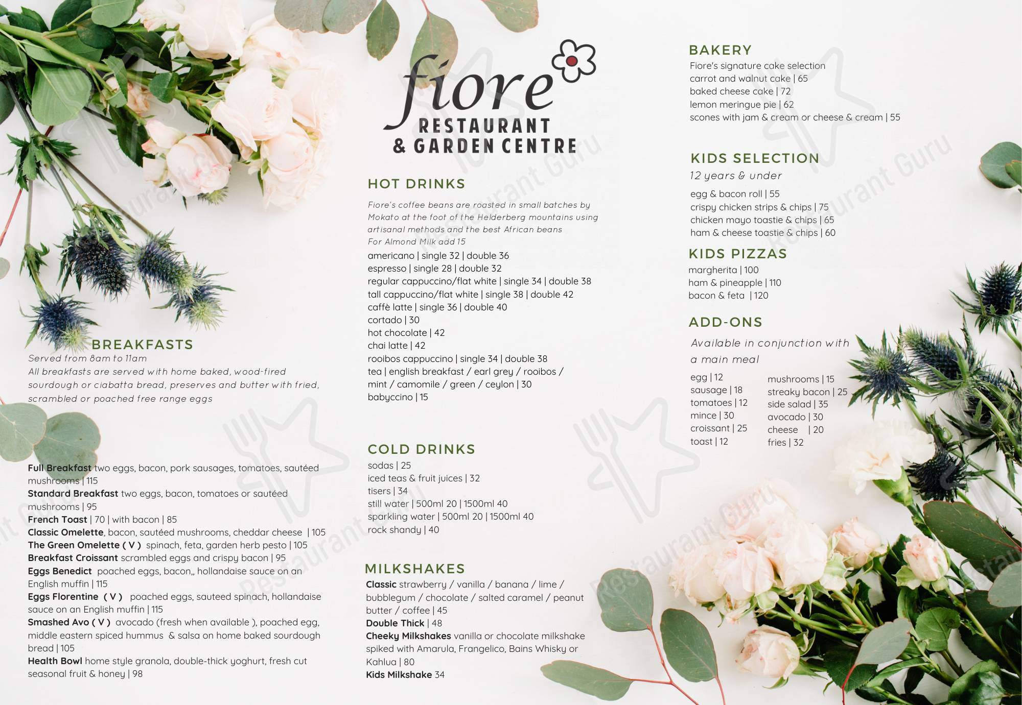 Menu at Fiore Greyton Restaurant and Garden Centre, Greyton