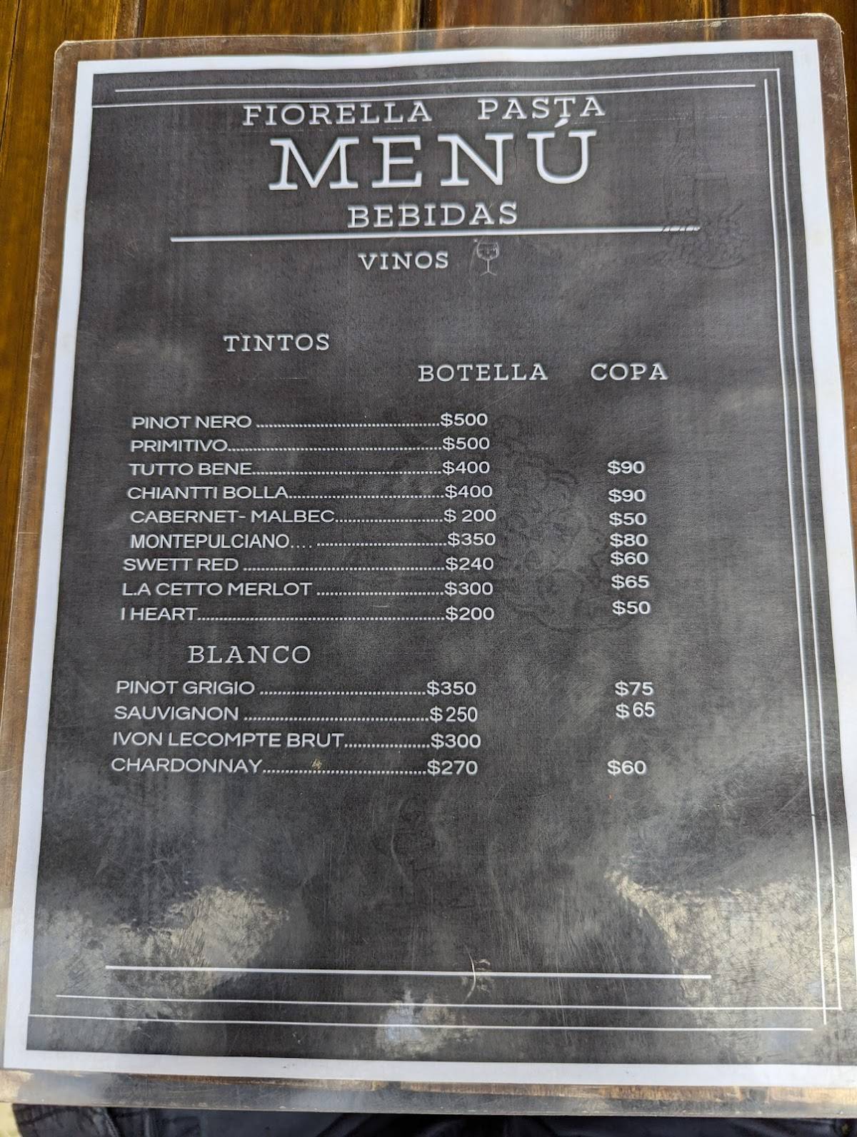 Menu at Fiorella Pasta restaurant, San Antonio Tlayacapan