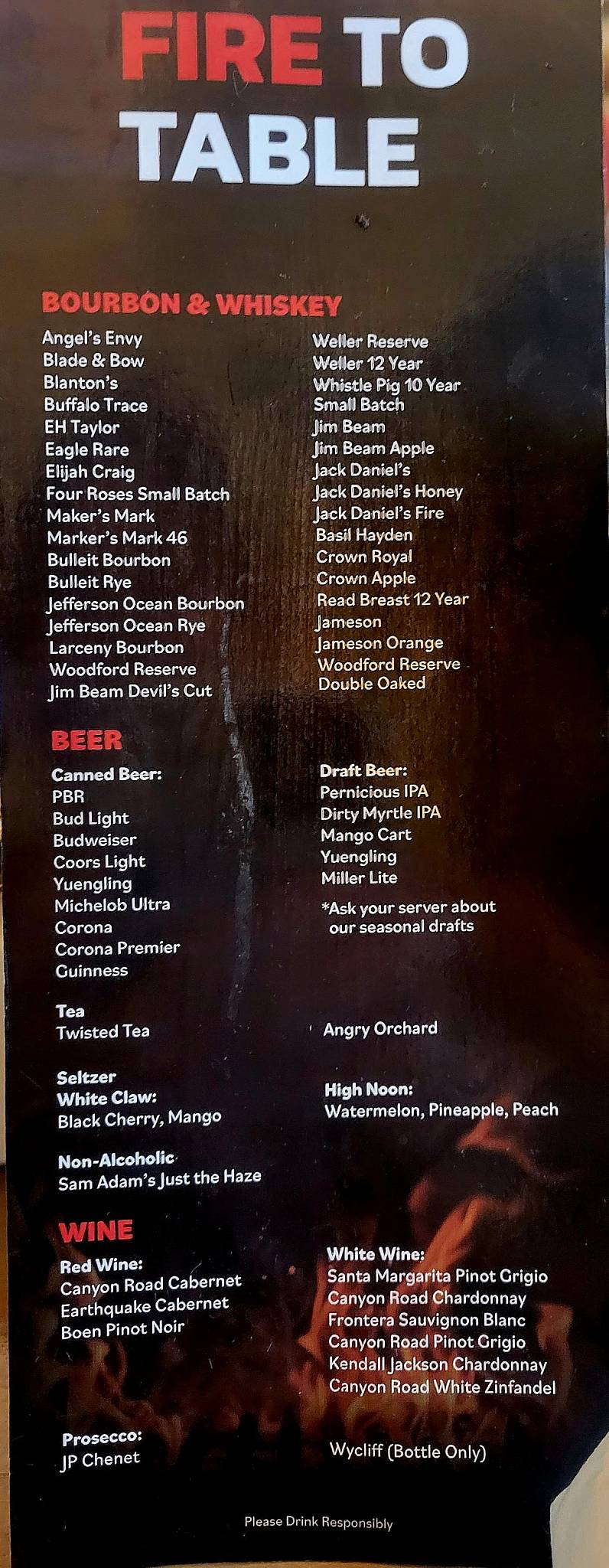 Menu at Fire To Table restaurant, Murrells Inlet