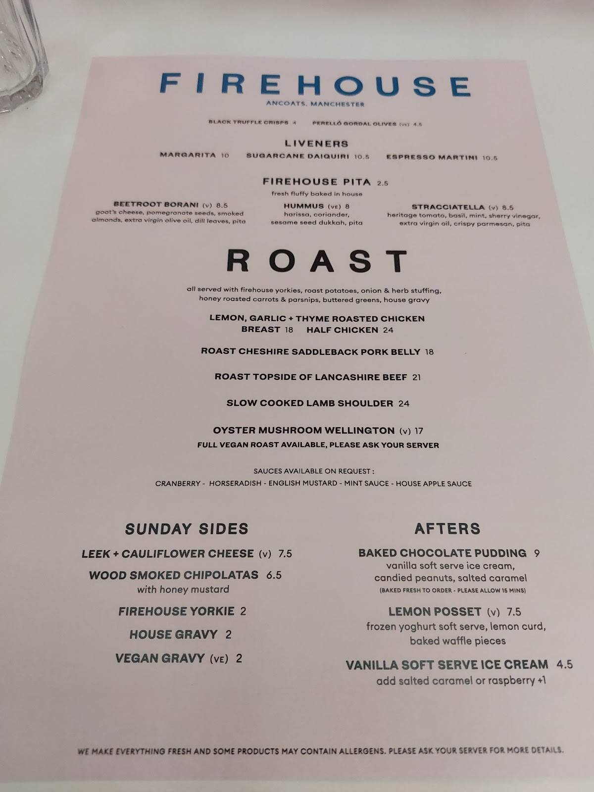 Menu at Firehouse Manchester restaurant, Manchester