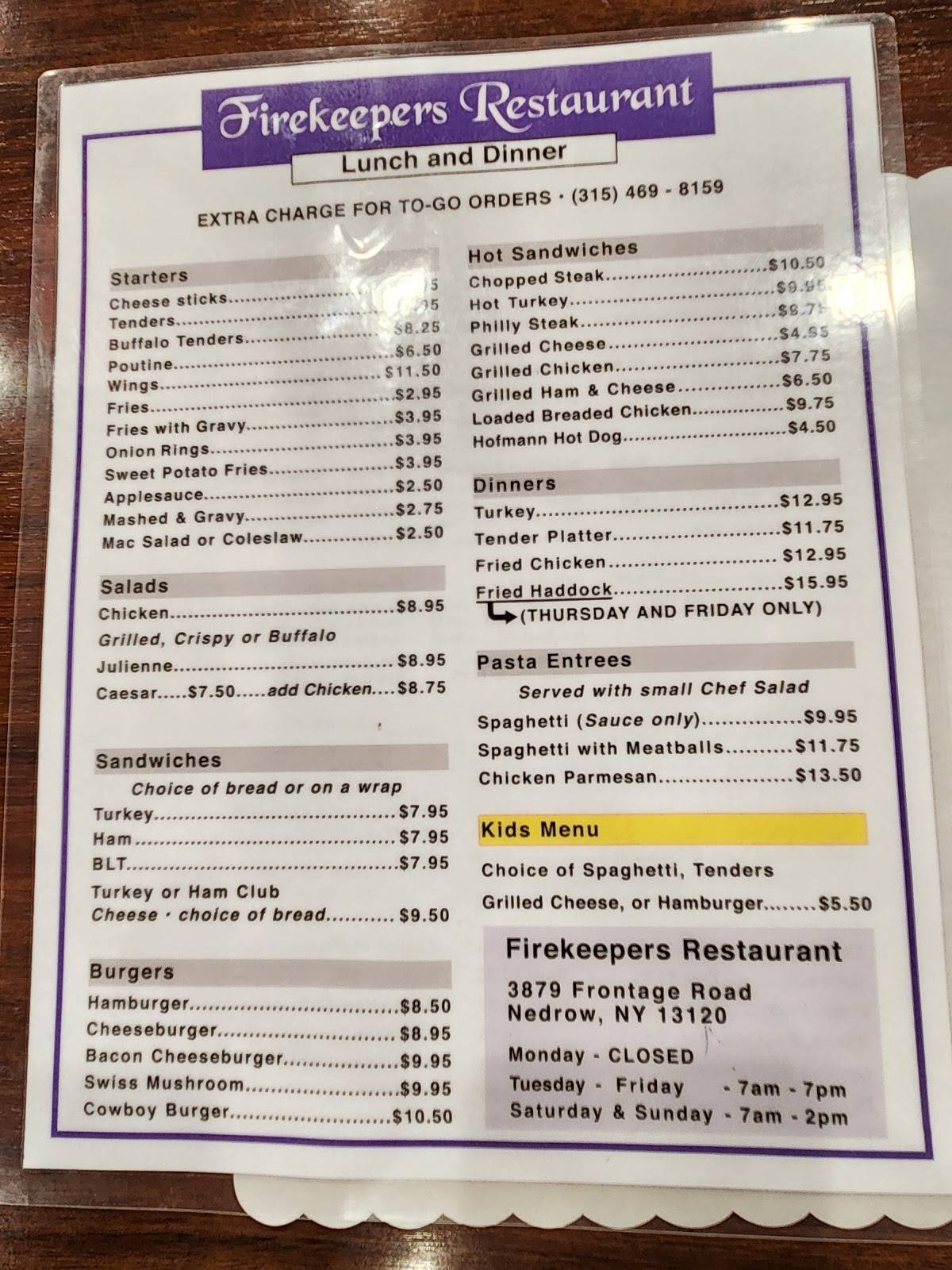 Menu at Firekeepers restaurant, Nedrow
