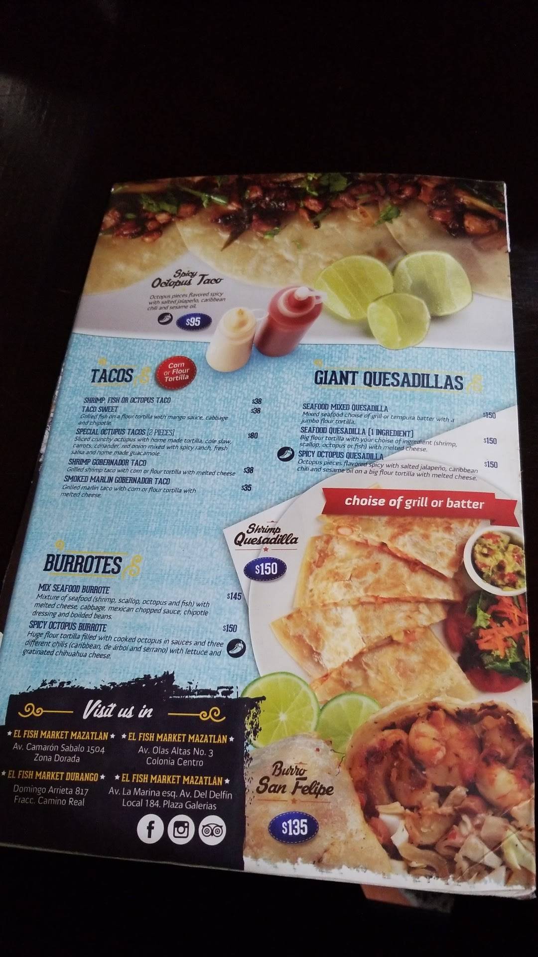 Menu at Fish Market Seafood Restaurant, Mazatlán, Sinaloa 1504 A