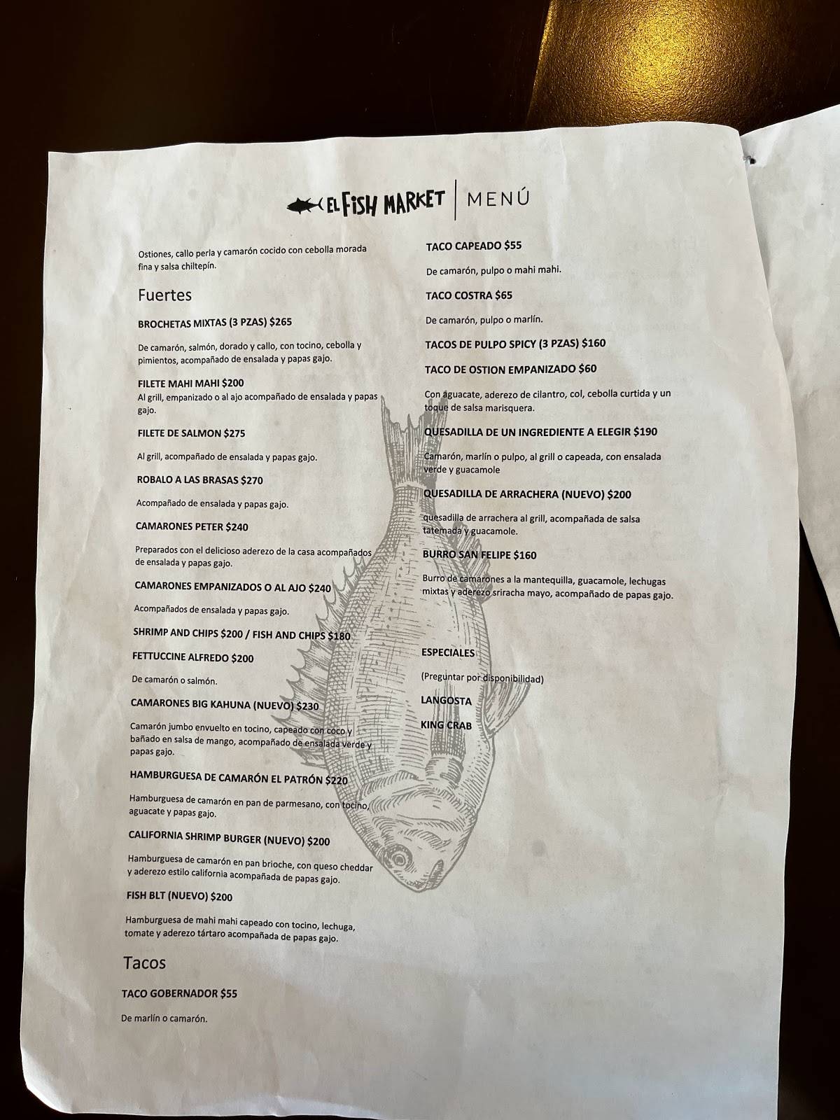 Menu at Fish Market Seafood Restaurant, Mazatlán, Sinaloa 1504 A