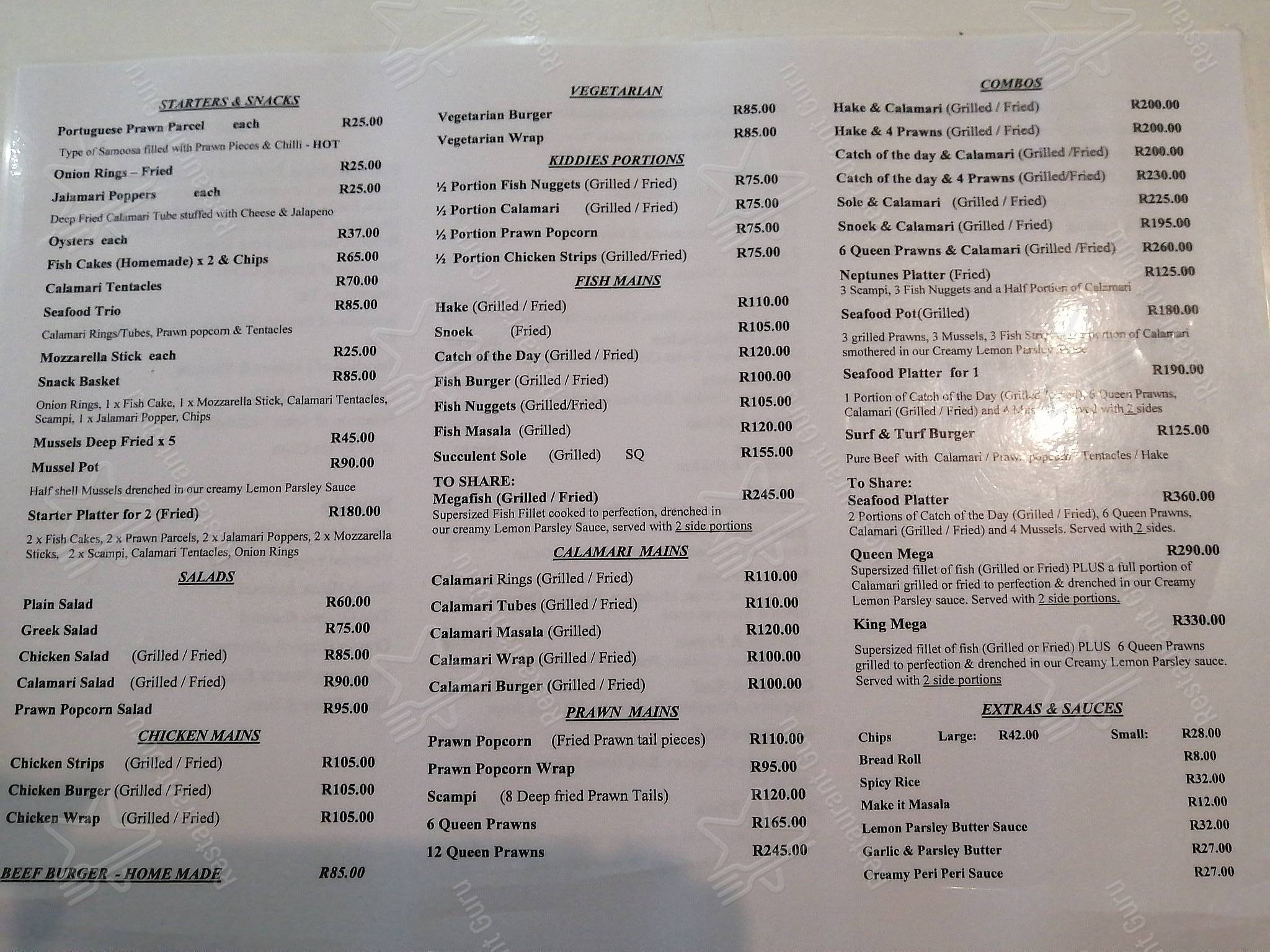 Menu at Fish On The River, Spillers Wharf restaurant, Port Shepstone