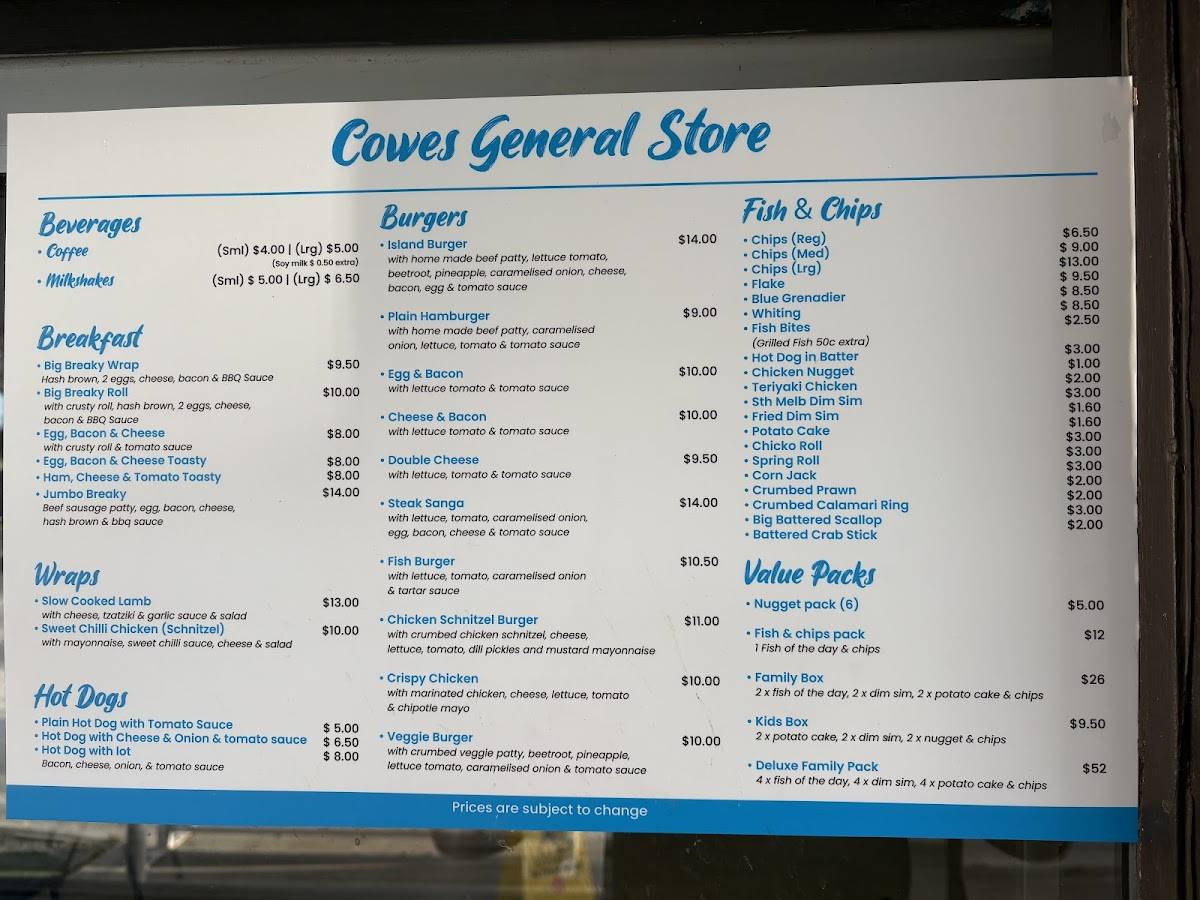 Menu at Fish & Chips ! Cowes General Store fast food, Cowes