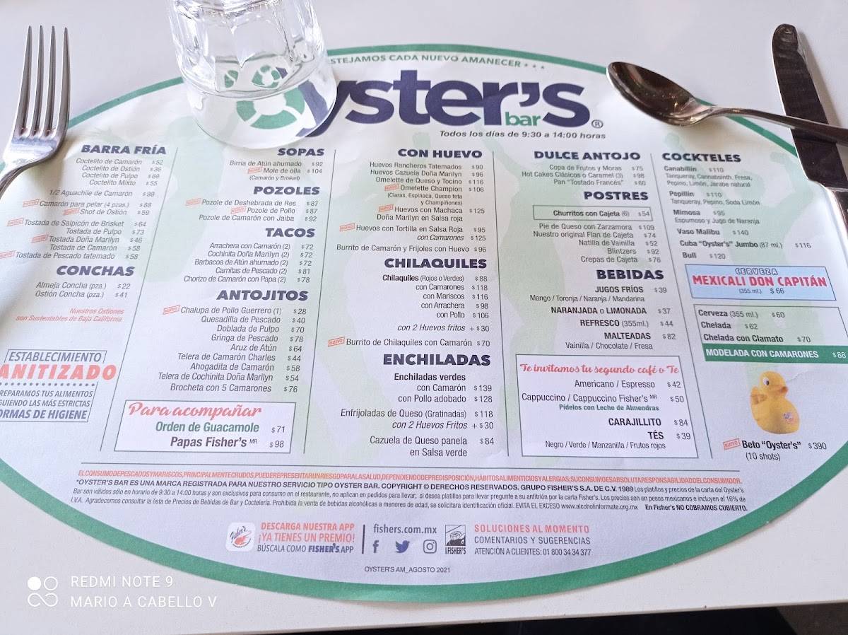 Carta del restaurante Fisher's Oasis, Ciudad del México