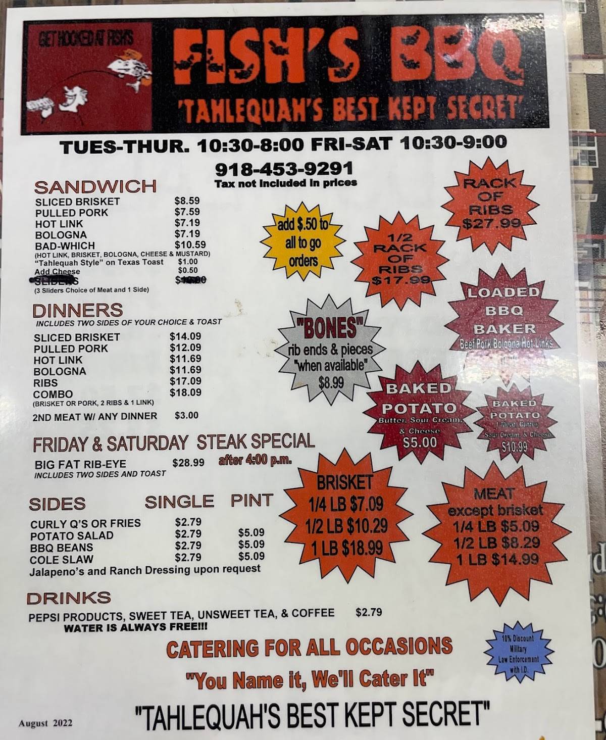 Menu at Fish's Bar B Que, Tahlequah