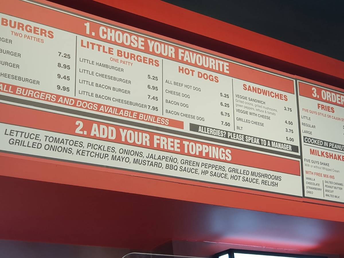 Menu at Five Guys Enfield restaurant, London, Southbury Leisure Park