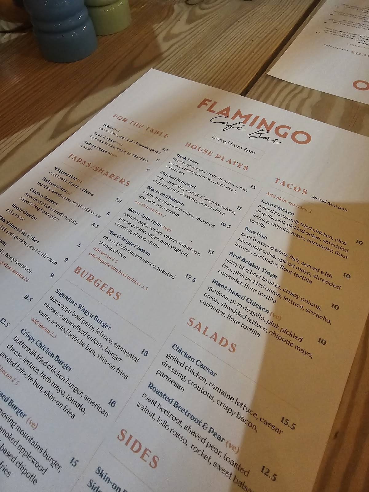 Menu at Flamingo Café Bar - Boscombe Spa, Bournemouth