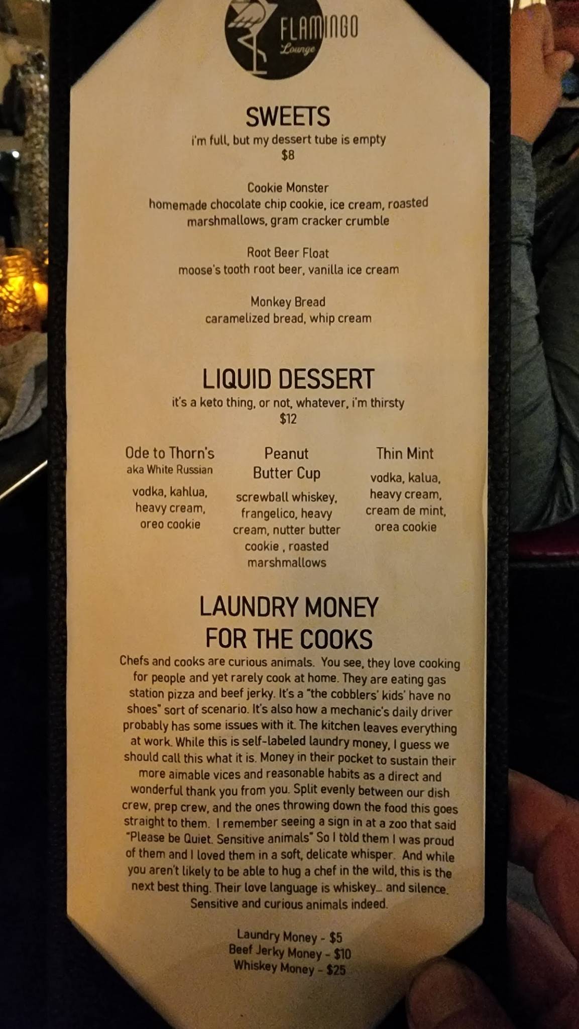 Menu at Flamingo Lounge steakhouse, Seward