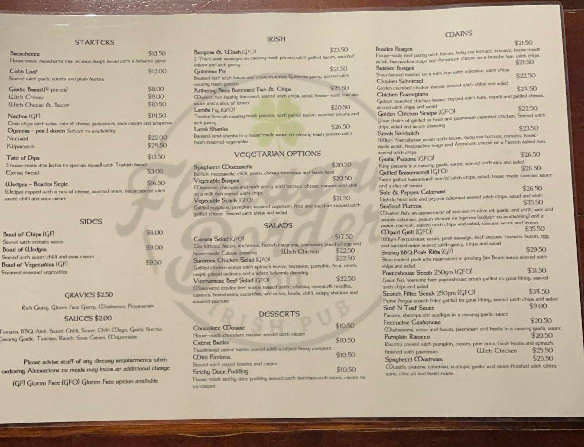 Menu at The Border Inn pub & bar, Bacchus Marsh