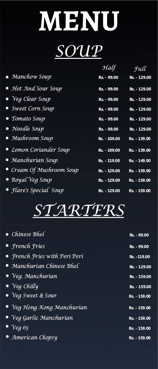 Menu at Flare's Chinese Cuisine, Mumbai