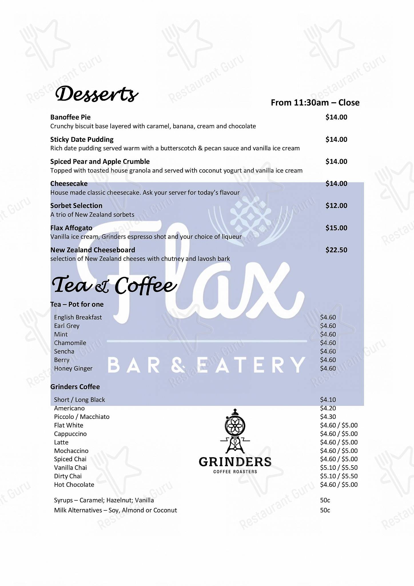 Menu at Flax Bar & Eatery, Christchurch