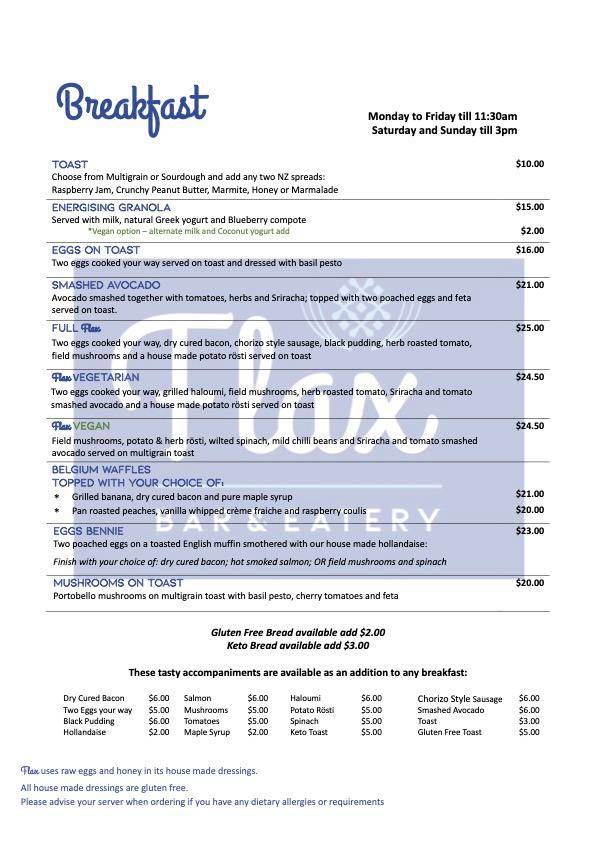 Menu at Flax & Co restaurant, Christchurch