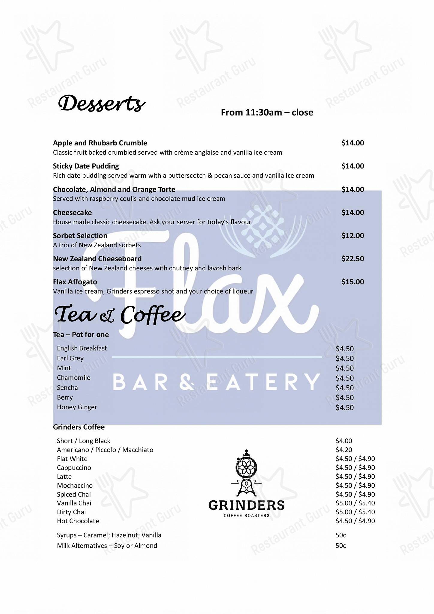 Menu at Flax & Co restaurant, Christchurch