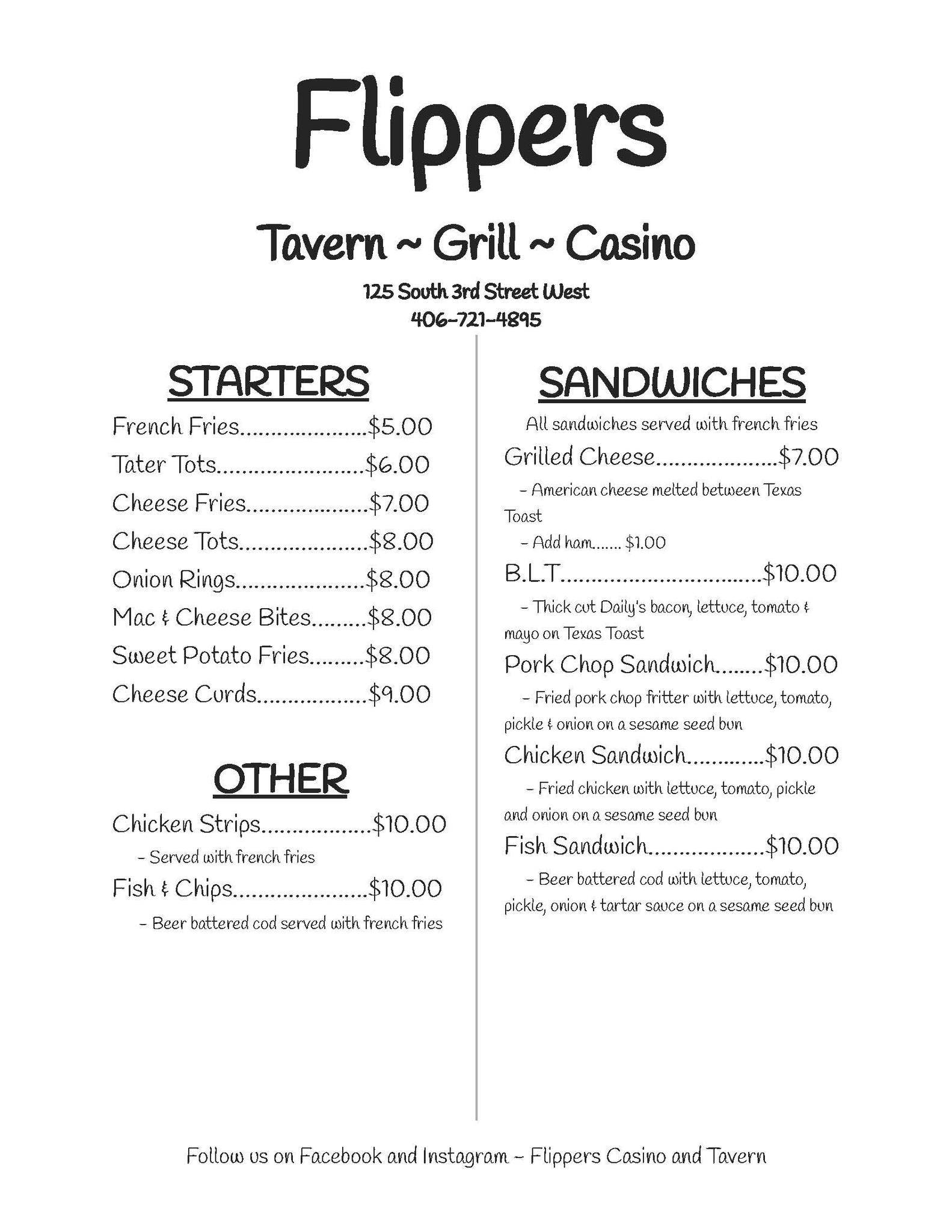Menu at Flippers Tavern ~ Grill ~ Casino pub & bar, Missoula