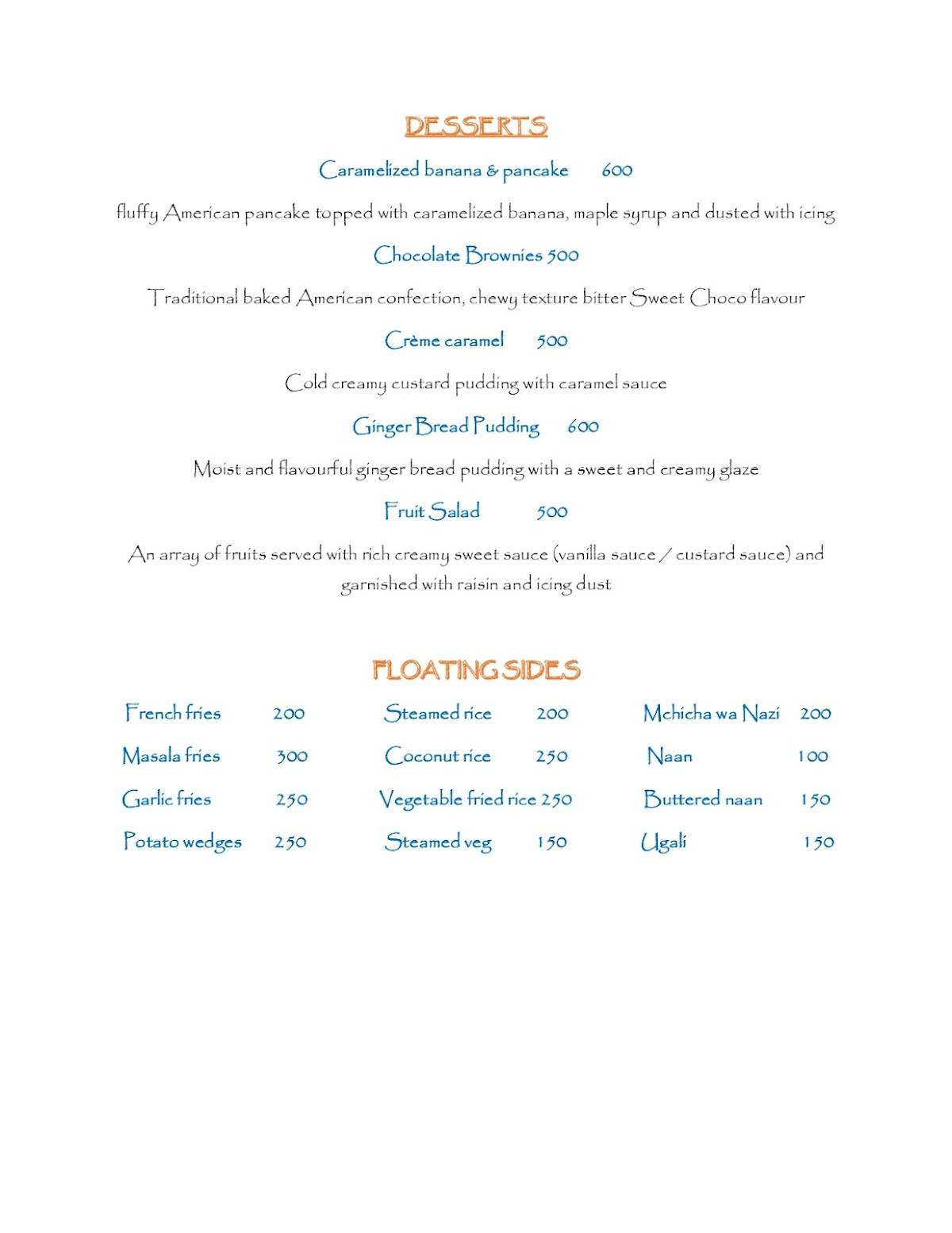 Menu at Floating Island Restaurant, Mombasa