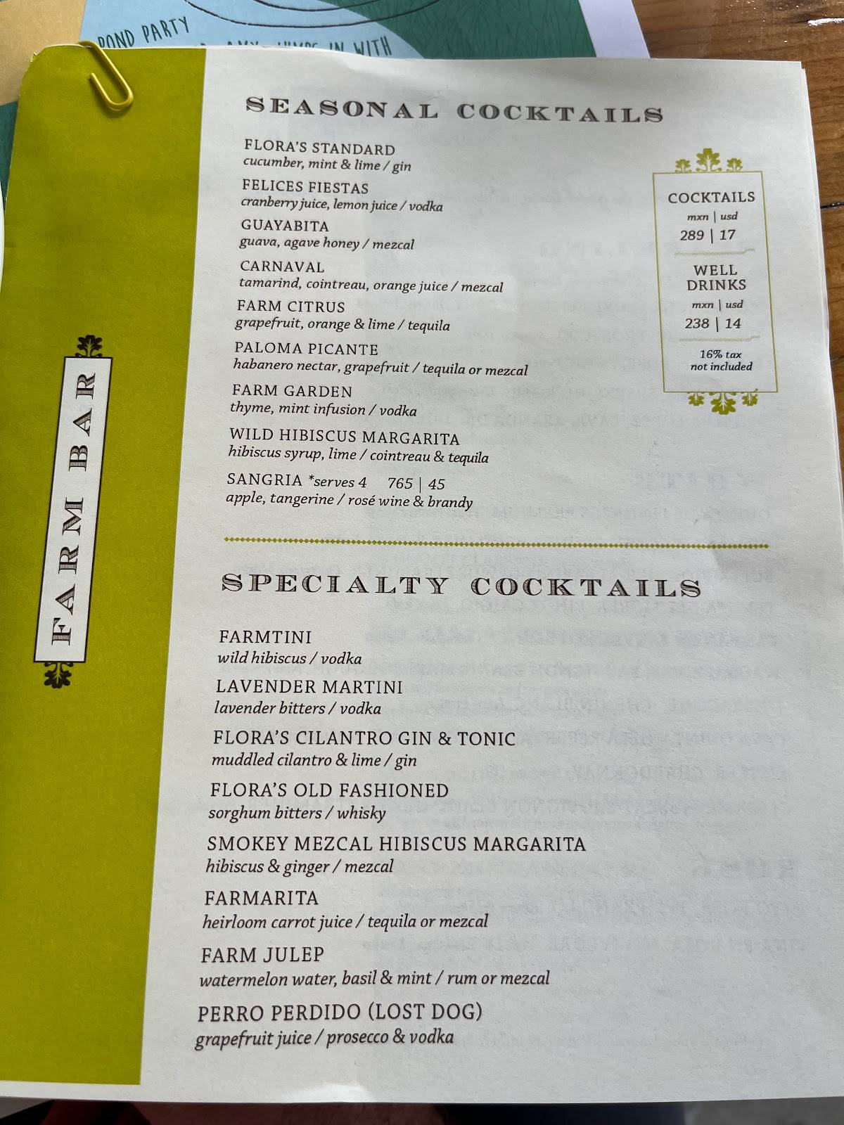 Menu at Flora Farms pub & bar, San José del Cabo, Carretera ...